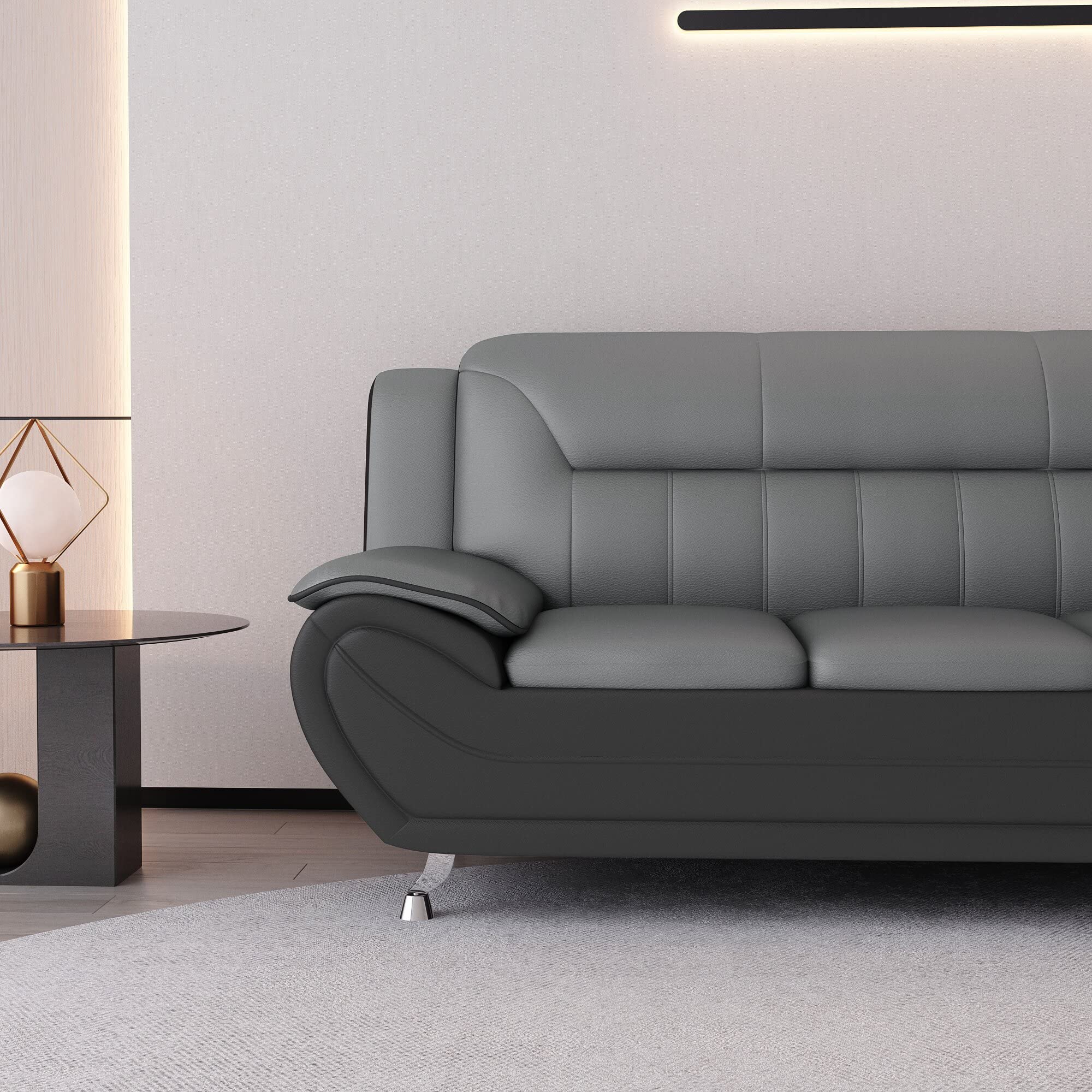 Container Furniture Direct Modern Style Faux Leather Sofa with Extra Comfortable Pillow Top Armrests Ideal for Living Room, Bedroom or Home Office Couch, 79.2ββ Wide, Grey/Black