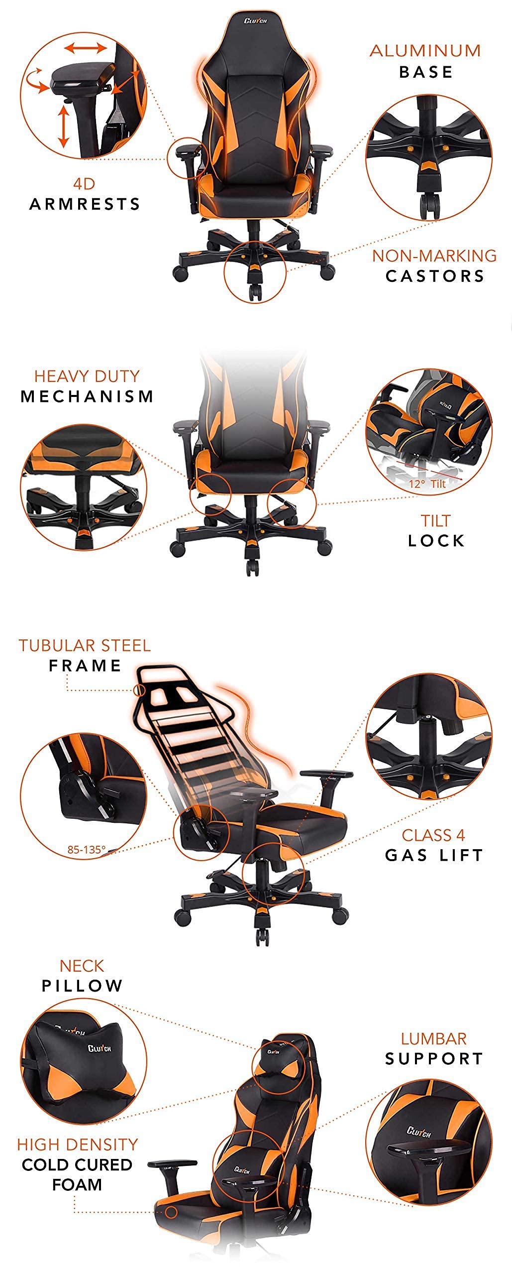 Clutch Chairz - Ergonomic Gaming Chair, Video Game Chairs, Office Chair, High Chair and Lumbar Pillow for Computer Desk - Black - Shift Series