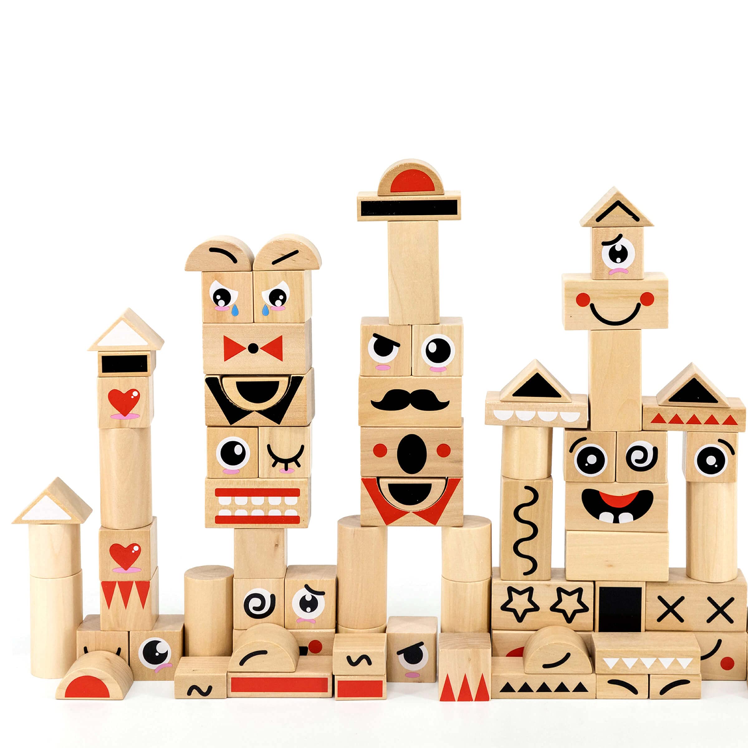 kipod Wooden Building Blocks Set for Kids (80Pcs) – Preschool Blocks Stacking Game – Construction and Matching for Emotional Development and Fine Motor Skills - Montessori Toy 2-8 Years