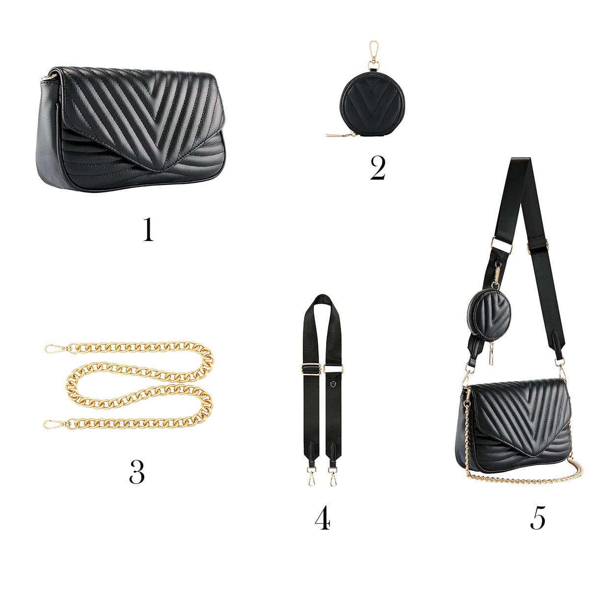 CHIC DIARY Crossbody Bag for Women Multipurpose Clutch Purse Shoulder Handbag with Coin Purse and Chain (Medium, Black)