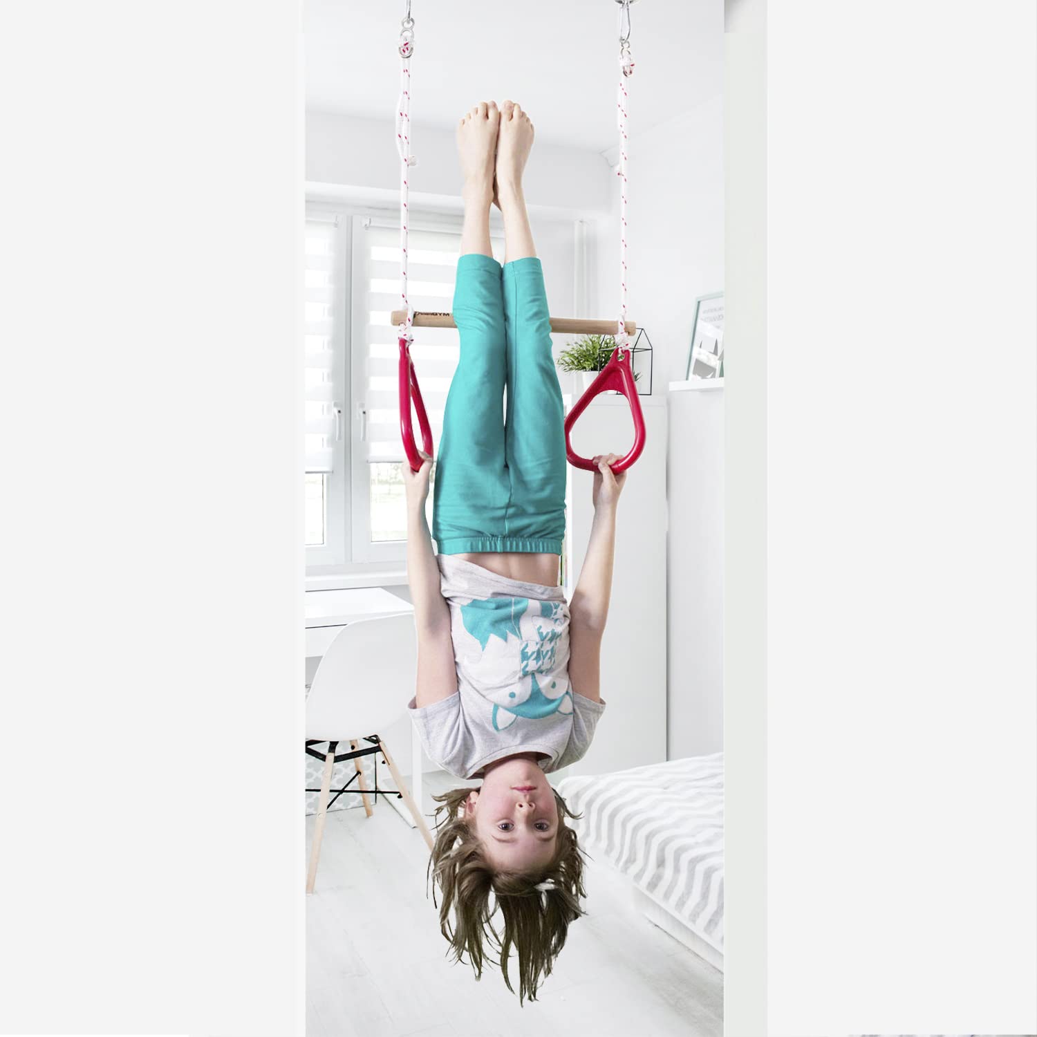 DreamGYM Doorway Sensory Swing Kit - Blue Compression Swing and Trapeze Bar with Red Gym Rings Combo
