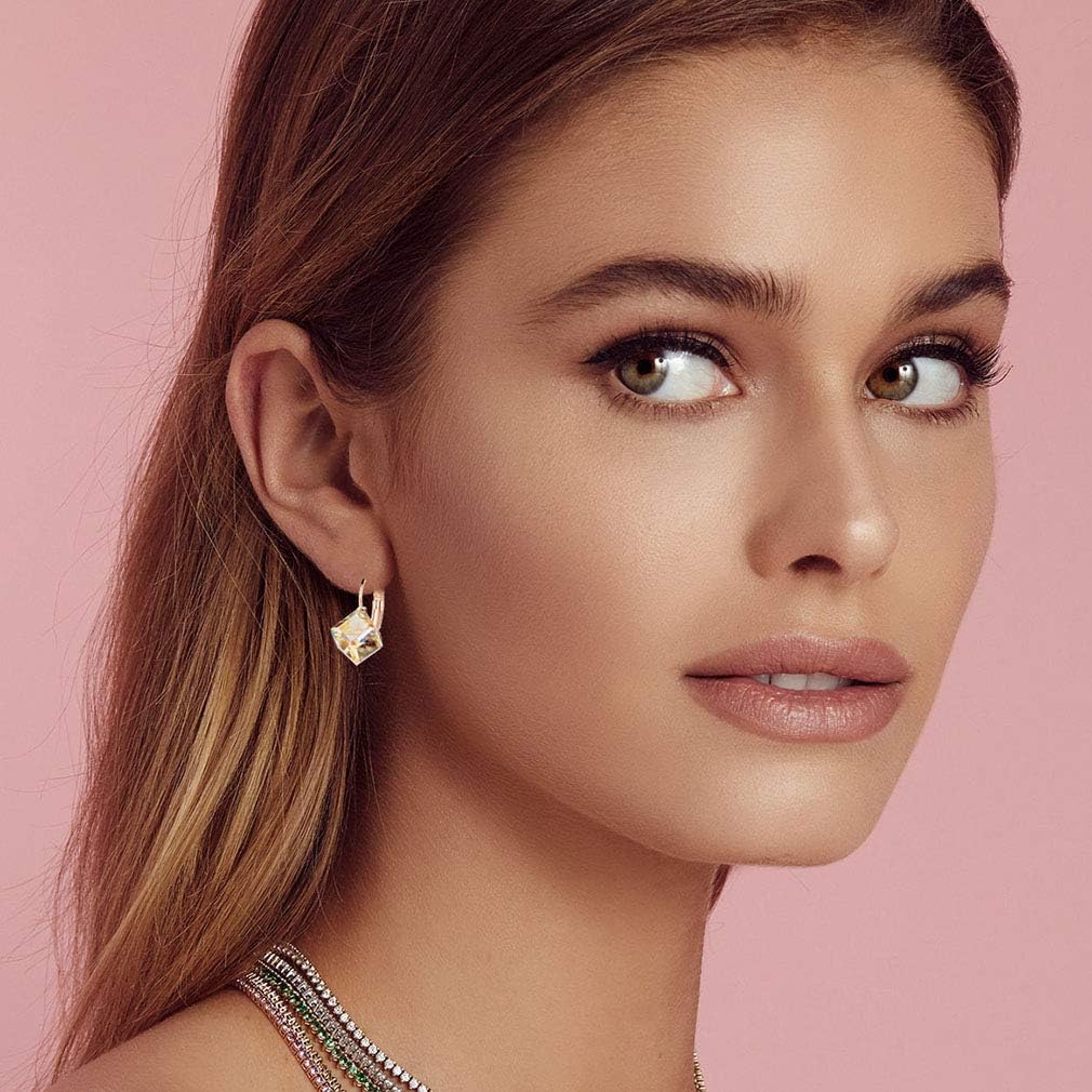 Cube Austrian Crystal Drop Leverback Earrings for Women Fashion 14K Rose Gold Plated Hypoallergenic Jewelry (Light Topaz)