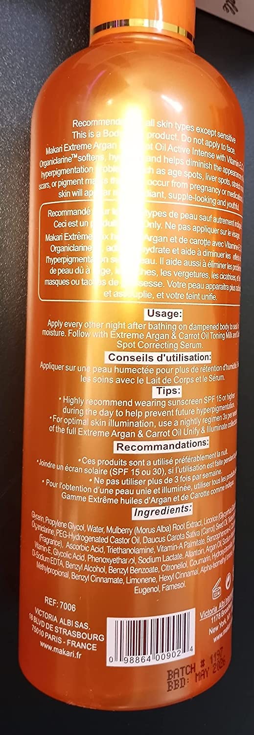 MAKARI Extreme Active Intense Argan and Carrot Oil Tone-Boosting Body Glycerin (16.8 oz) | Fades Spots & Marks | Helps Brighten Complexion | Hydrates and Softens | for All Skin Types Except Sensitive
