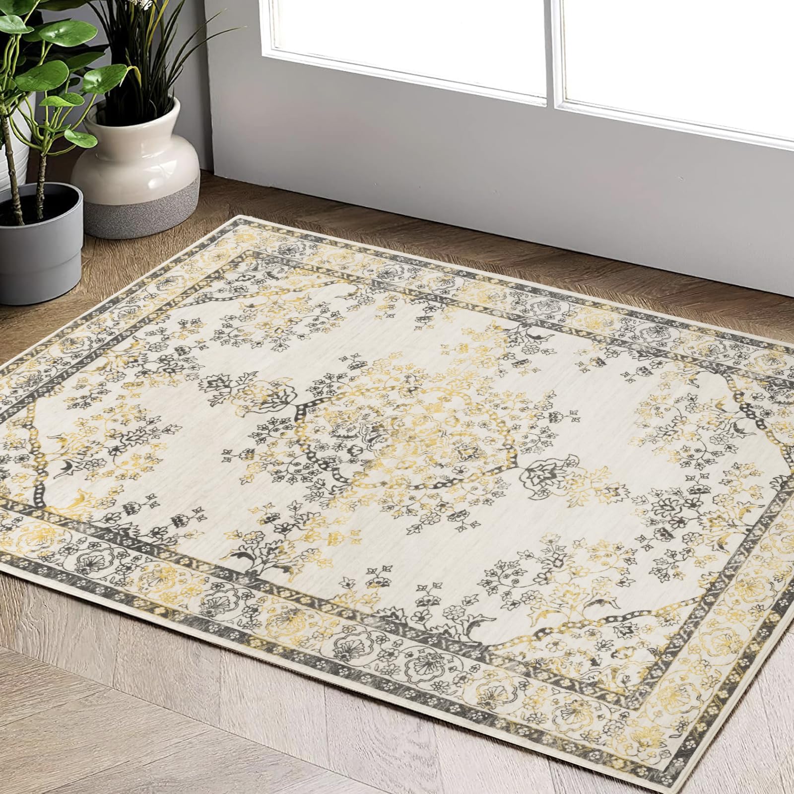 Carvapet Boho Floral Small Area Rug - 2x3 Entry Rug Non-Slip Bohemian Vintage Washable Indoor Door Mat, Throw Rug for The Bedroom, Entryway, or Bathroom(2x3,Yellow & Grey)
