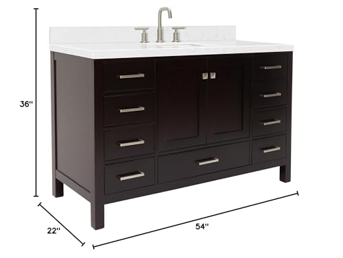 ARIEL Cambridge 54" Espresso Bathroom Vanity, 1.5" Edge Carrara White Quartz Countertop & Splash, Rectangular Sink, 2 Soft Closing Doors, 9 Full Extension Dovetail Drawers, Brushed Nickel