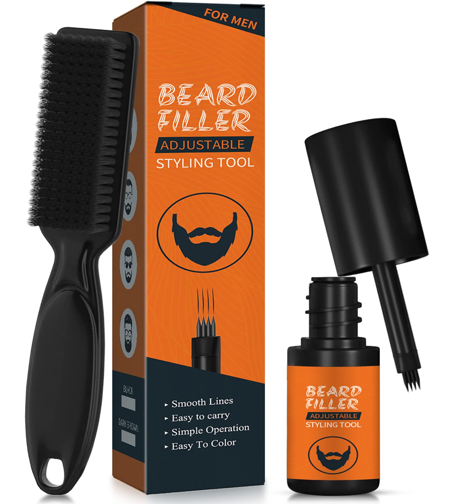 Beard Pencil Filler for Men, Innovative 4-Tip Beard Filling Pen Kit with Brush, Water & Sweat Resistant, Long Lasting, Natural Finish for A Perfect Beard (Black)