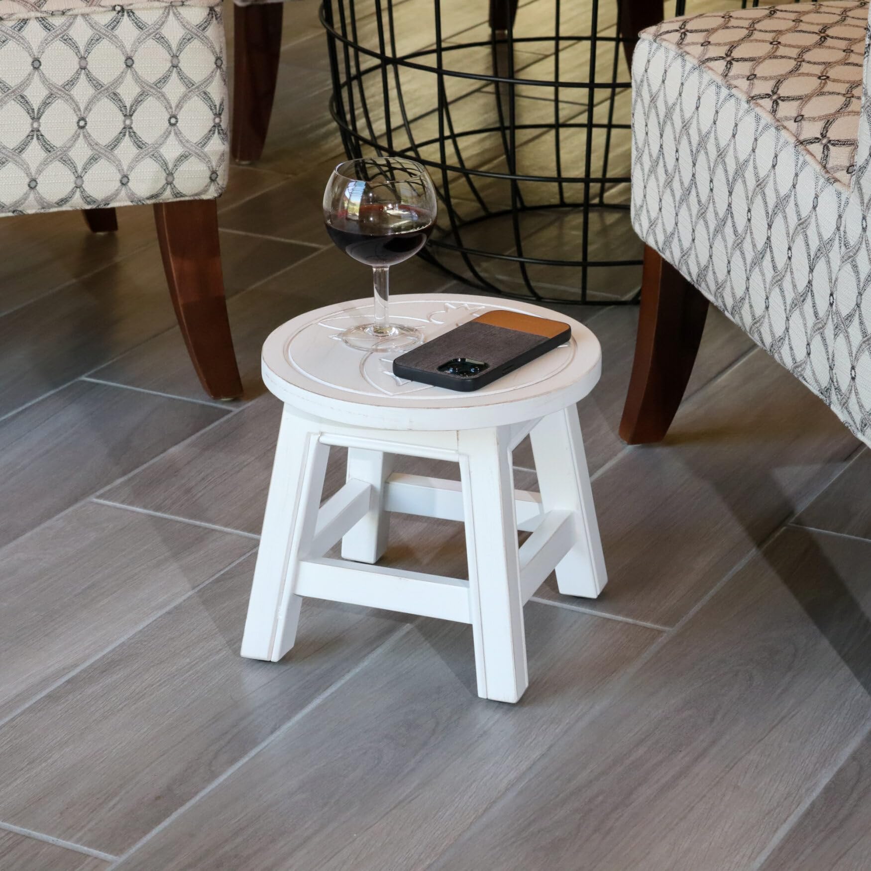Carved Wooden Step Stool with Queen Bee Pattern,Round 11"W Versatile Wood Short Stool with Footrest,Indoor Foot Stool for Kitchen Living Room Bedroom Bathroom, No Assembly Needed,Antique White