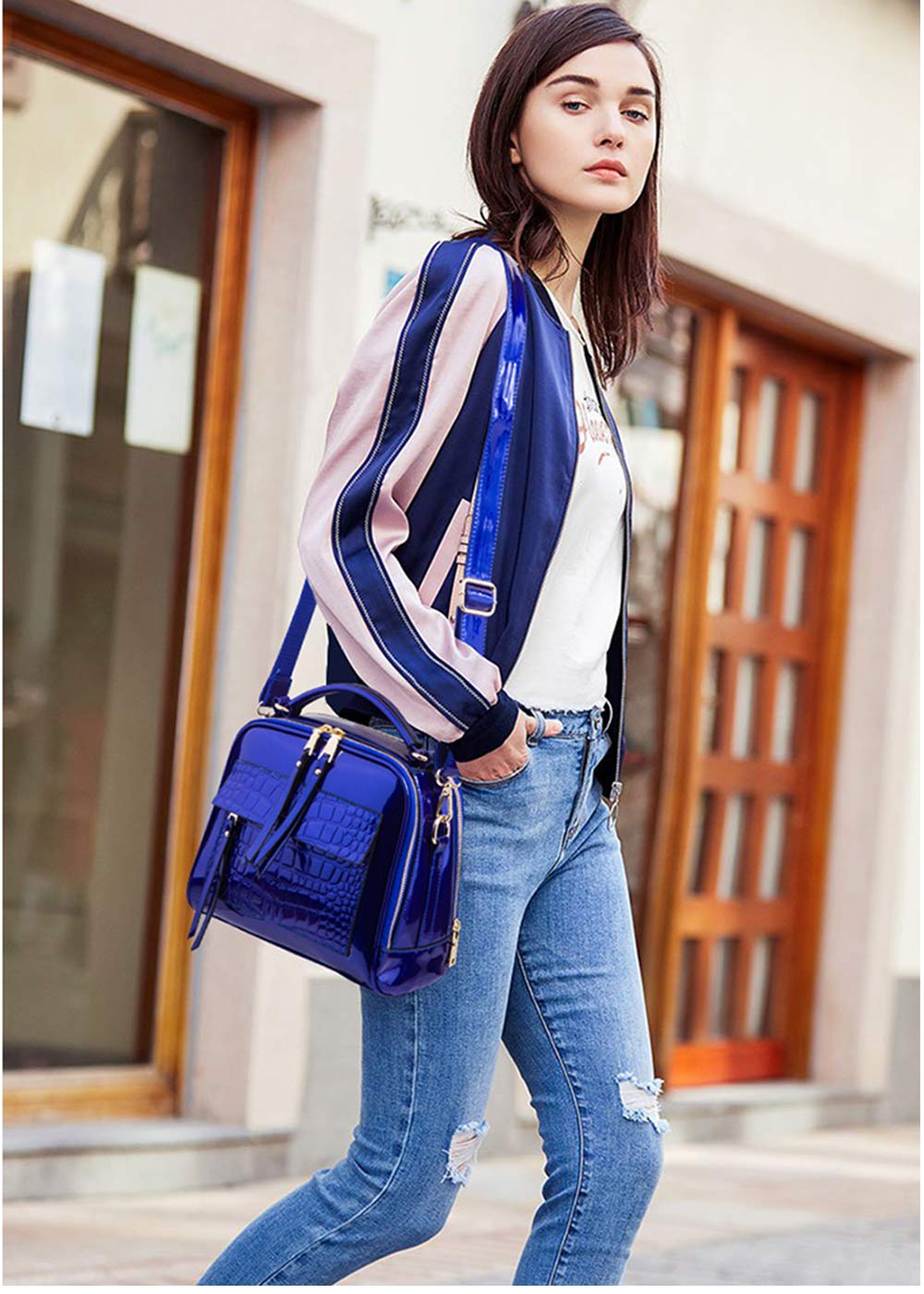 Chikencall Women’s Patent Leather Handbag and Purses Crocodile Pattern Shell Shoulde Bags Ladies Satchels Crossbody Bag Blue