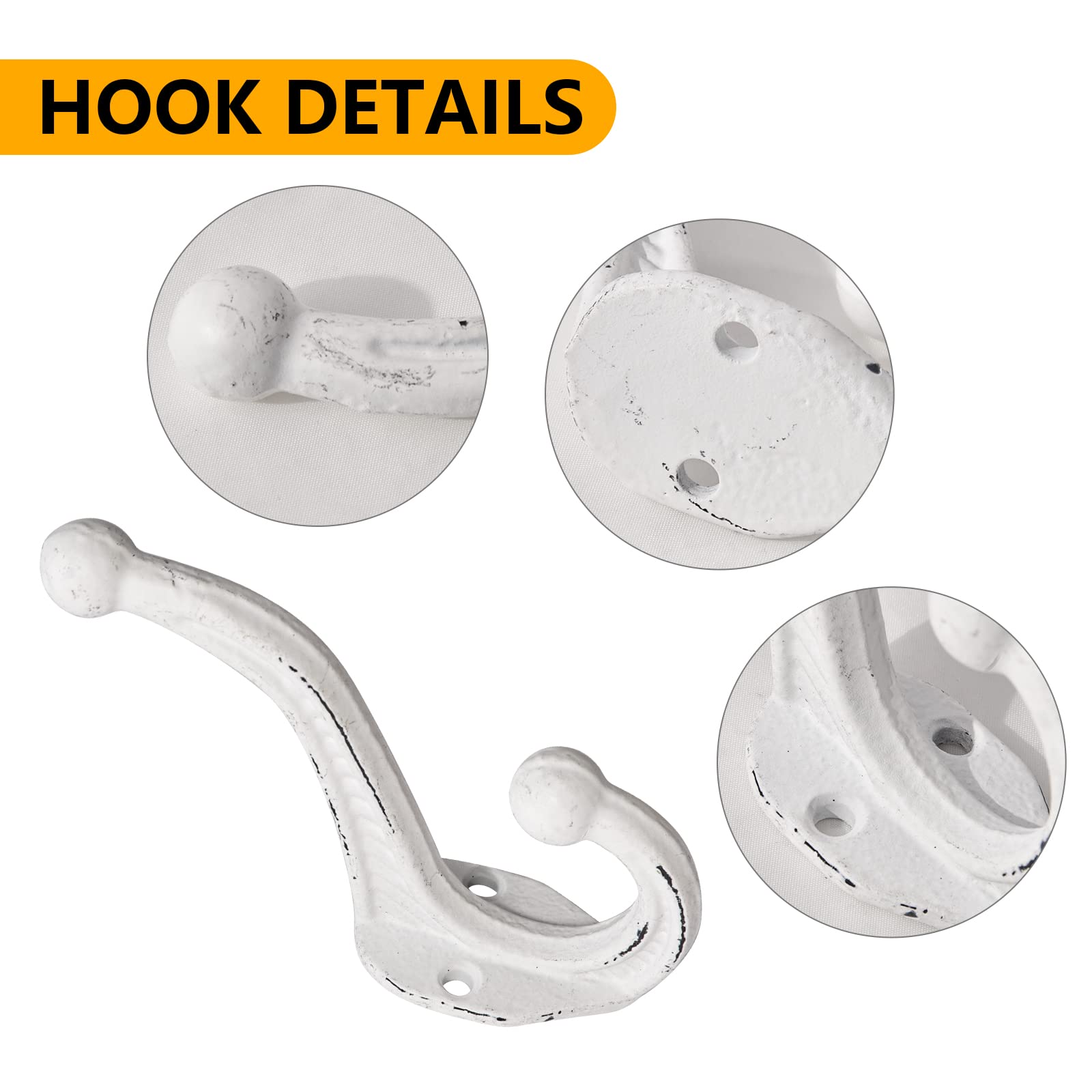 rumdraw Vintage Wall Mount Iron Hooks (Distressed White, Set of 5) for Coats ,Towels,Bags, Hats