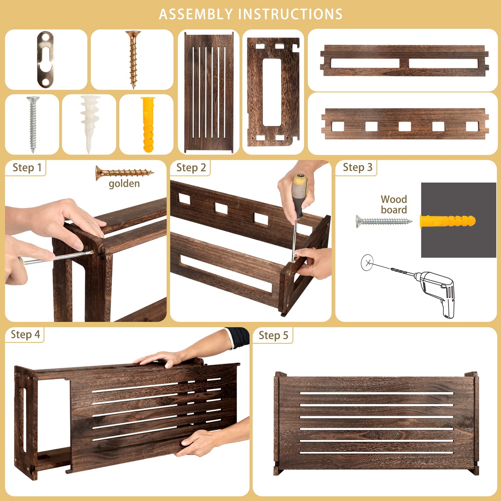 BEARUT Wooden Router Shelf Wall Mount WiFi Router Storage Box Modem Cable Router Cover Organized Power Strip Cable Management Hider Rack Need Assembly 20.9 * 9.8 * 5.4 in (L* H * D)