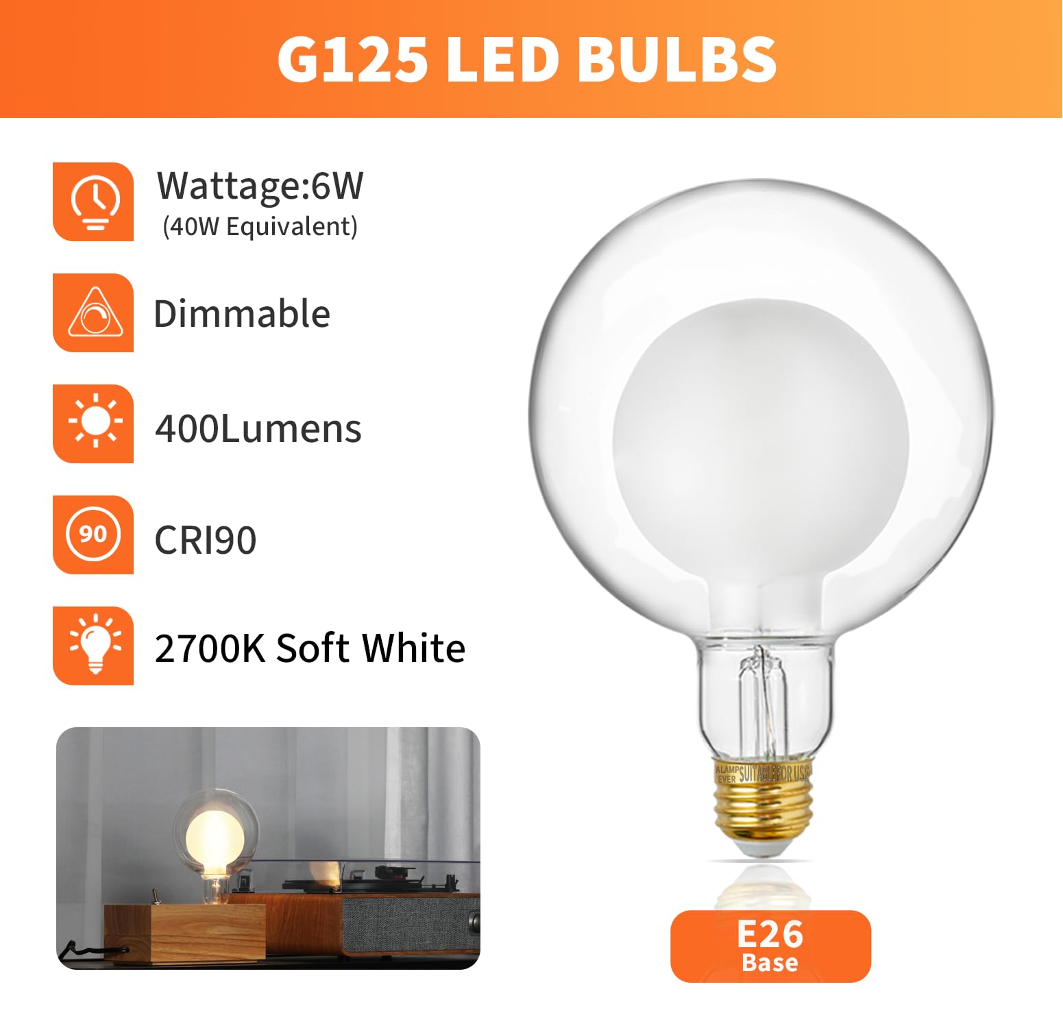 ALAMPEVER Large Globe LED Light Bulbs, Decorative Dimmable LED with 6W Equivalent to 40W Light Bulbs, 2700K Soft White, E26 Base,400LM,CRI90,G125,Frosted