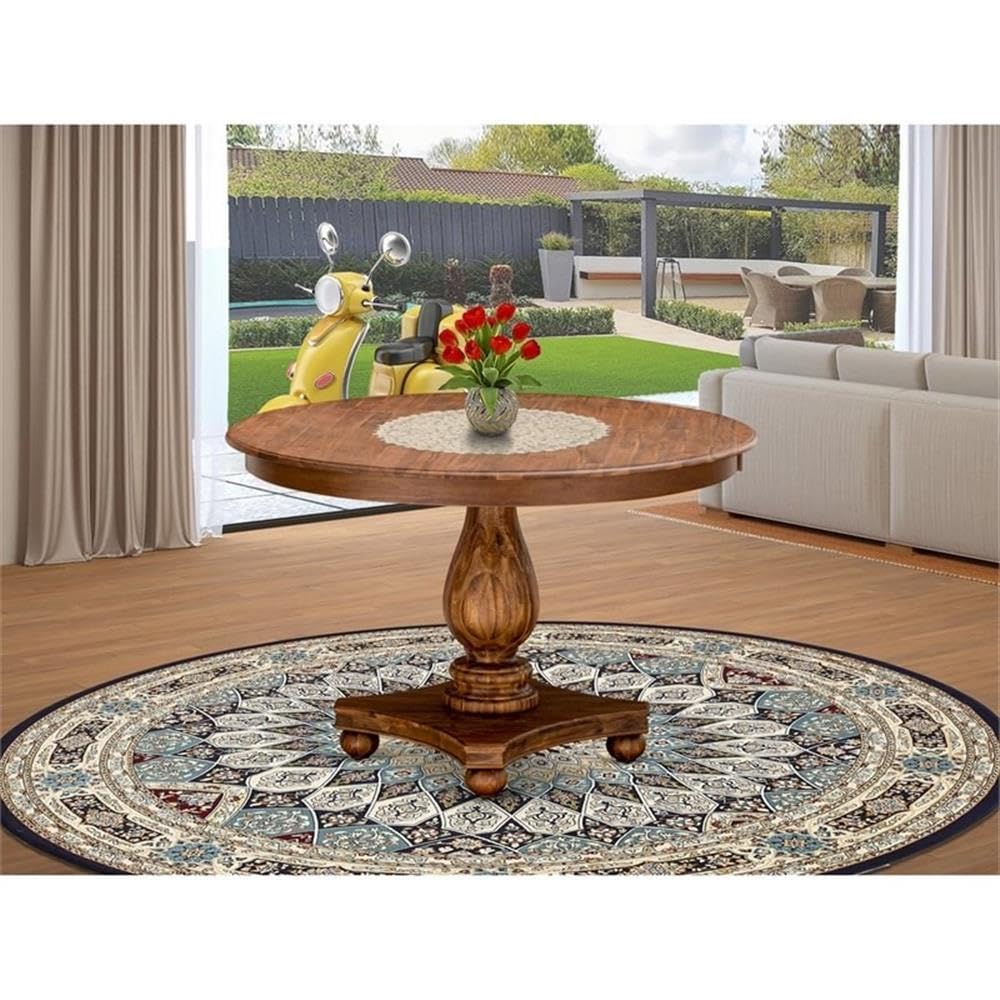 East West Furniture FE2-0N-TP Ferris Modern Dining Table - a Round Kitchen Table Top with Pedestal Base, 48x48 Inch, Sandblasting Antique Walnut