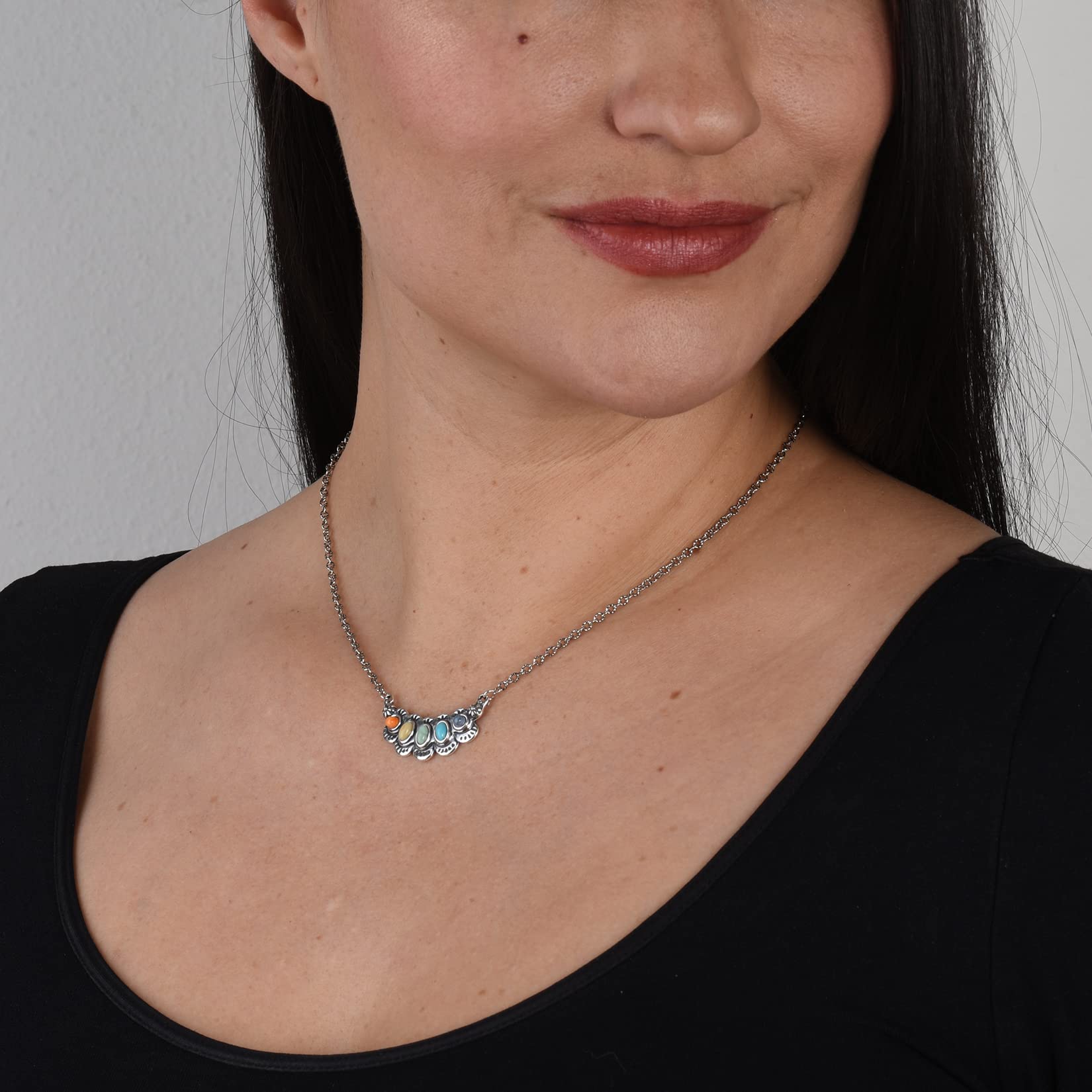 American West Sterling Multi Gemstone Rainbow Smile Pendant Necklace