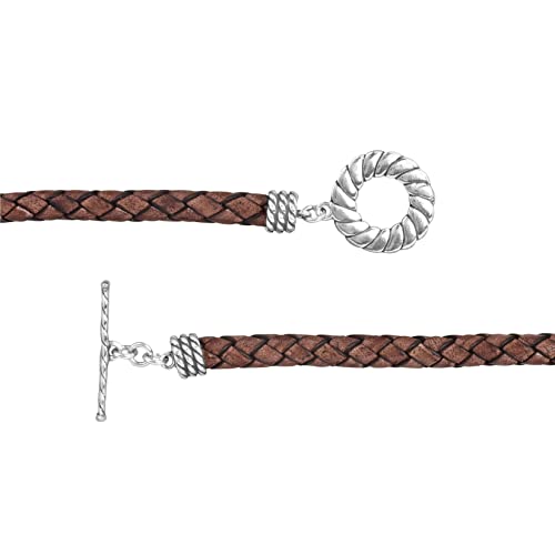 American West Sterling Silver Brown Braided Leather Toggle Necklace 18 Inch