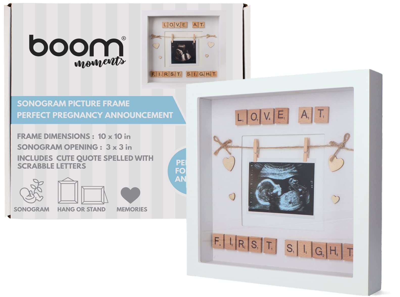 boom moments Sonogram Picture Frame | Scrabble Style Letters | Keepsake Baby Ultrasound Frame | Best Baby Announcement | Love at First Sight (10 x 10 Inches)