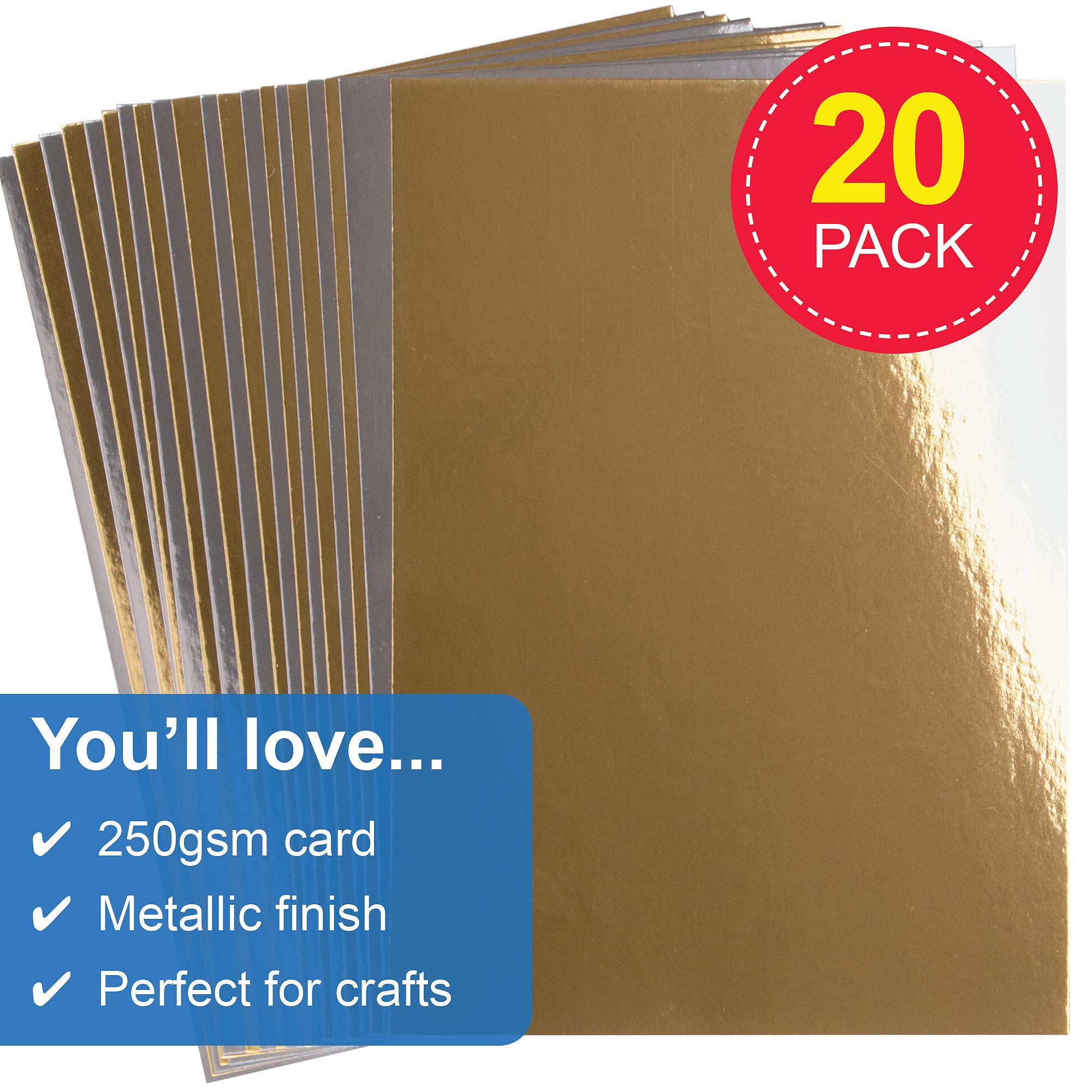 Baker Ross - AC375 A4 Gold & Silver Metallic Card (250 gsm) — Creative Art Supplies for Kids, Christmas Crafts, Card Making, and Decorations (Pack of 20)