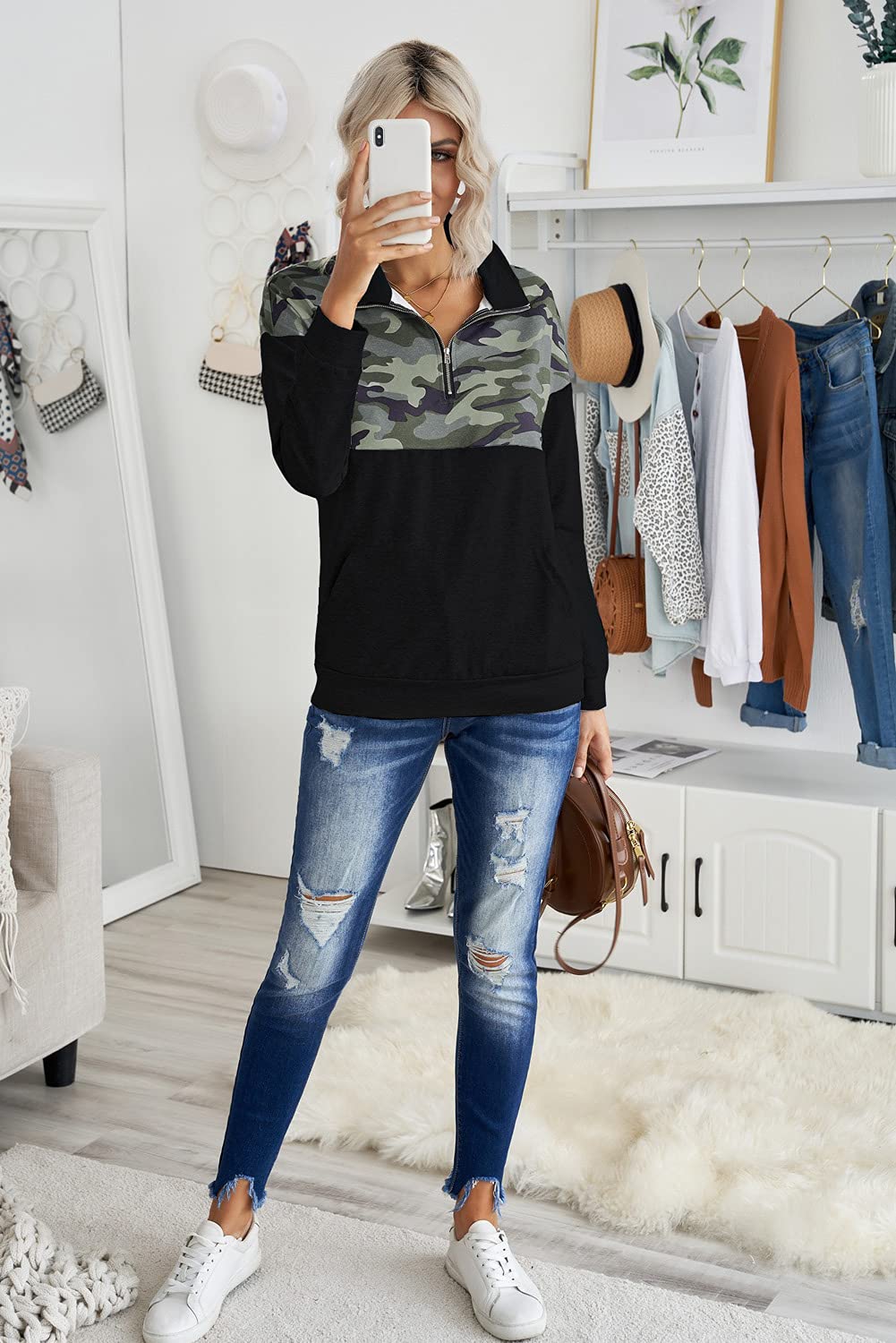 AlavQ Fall Long Sleeve Patchwork Floral Print Pullover Sweatshirt With Pockets For Women Tops Fahion 2022 Plus Size Clothing Black Medium