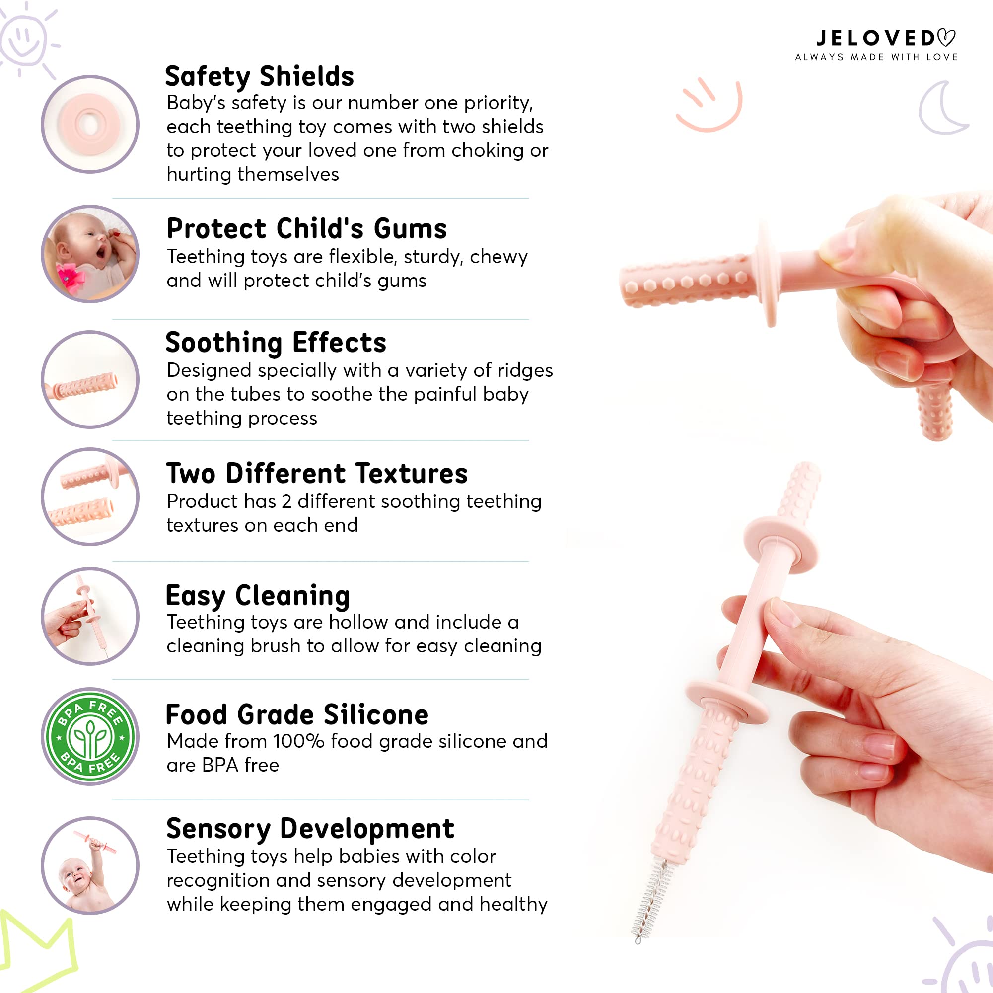 Jeloved Hollow Teether Tubes 4 Pack, Soft Silicone Baby Teething Toys for Baby with Safety Shield, Chew Straws Toy for Babies, Teether Tubes for Infants, BPA Free/Freezable/Dishwasher Safe