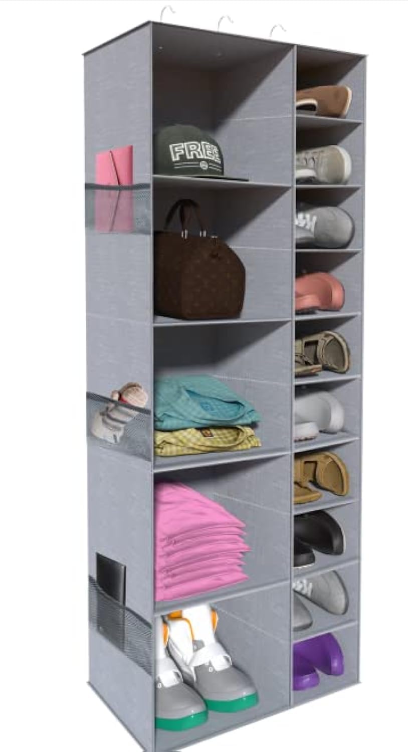 coastal rose Hanging Shoe Closet Storage Organizer, 15 Sections Closet Organizers and Storage Shelves Shoe Rack Holder Hanger, Grey