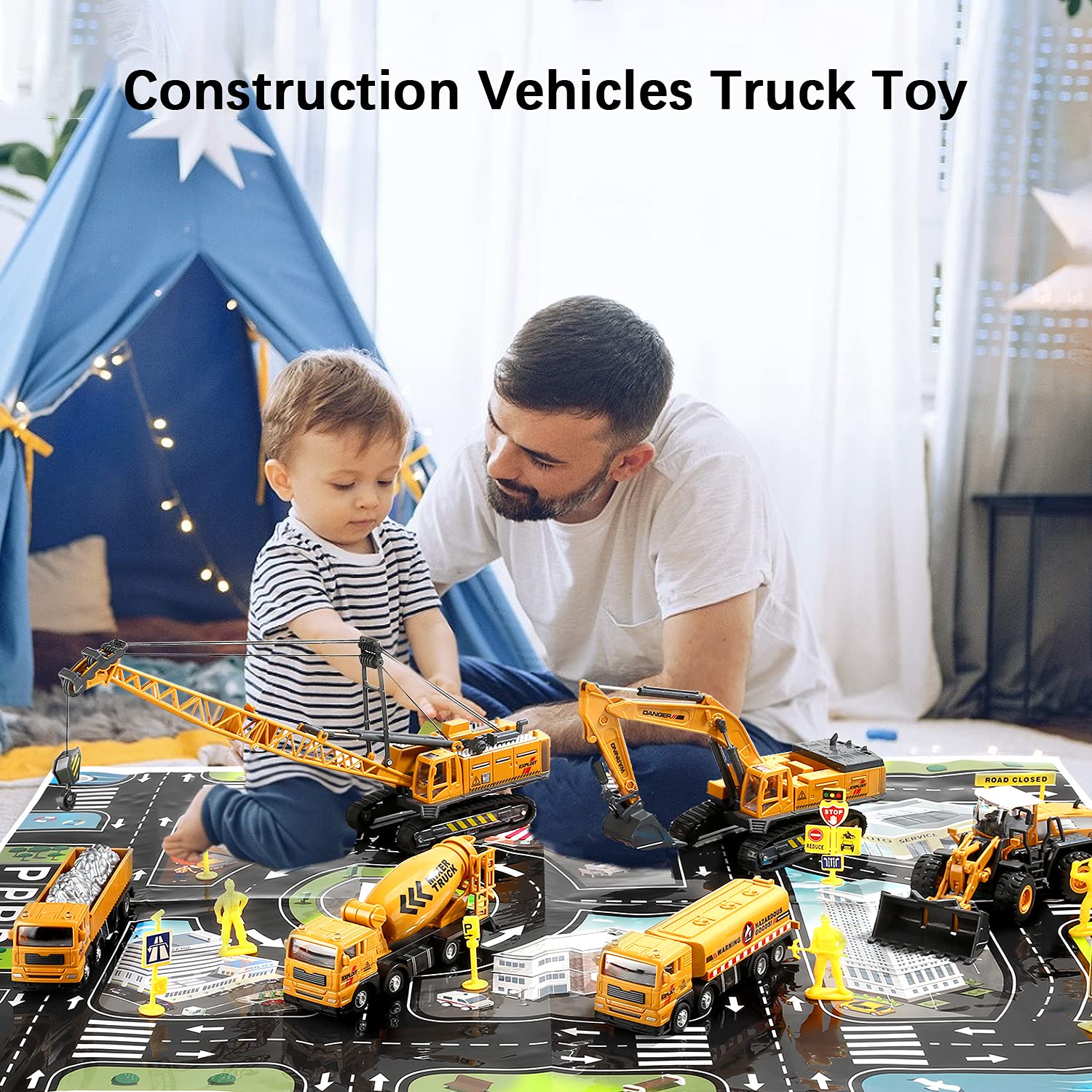 CUTE STONE Construction Vehicles Playset with Playmat, Kids Engineering Truck Set with Crane, Excavator, Tractor with 3 Interchangeable Parts, Cement, Truck, Educational Gift Toy for Toddlers Boys
