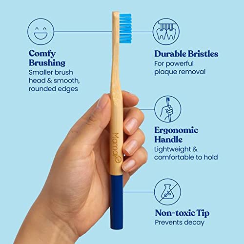 MamaP Blue Bamboo Toothbrush Set - Eco-Friendly - 100% Natural - Bamboo Toothrush - Soft Nylon Bristles - Recyclable & Compostable Toothbrushes for Adults - Blue - Pack of 3