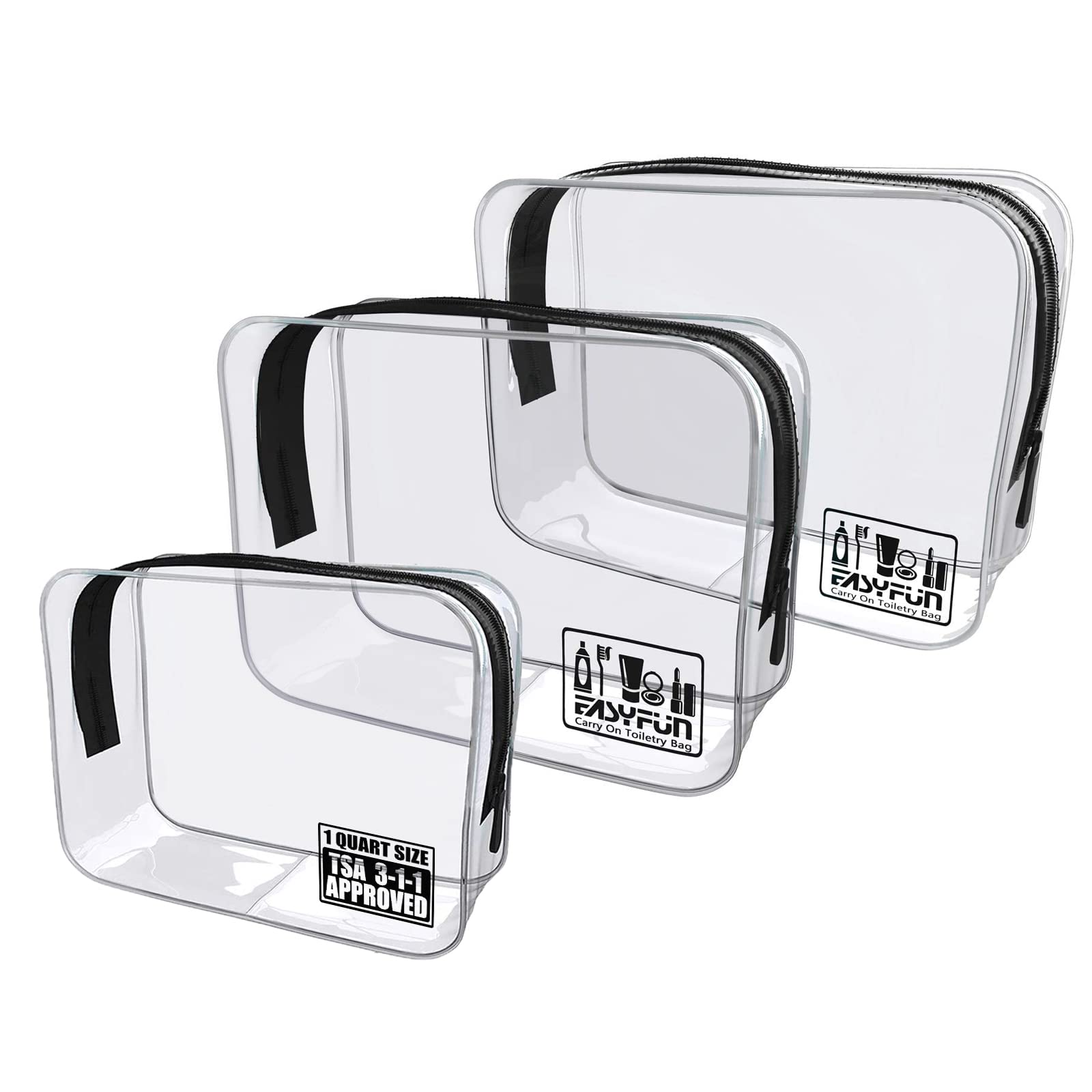 EASYFUN TSA Approved Toiletry Bag Clear Quart Bag Travel Makeup Bags 3 PCS Travel Accessories Small Cosmetic Pouch With Zipper Carry On Airport Airline Quart Size For Men Women