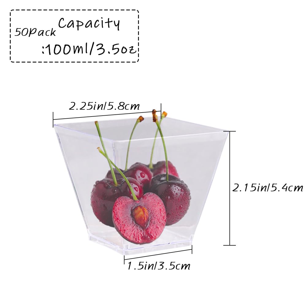 Jizvxe 50 Pack 3.5 Oz Square Dessert Cups,Plastic Clear Dessert Cups,Disposable Tasting Cups Great for Desserts,Appetizers,Mousse