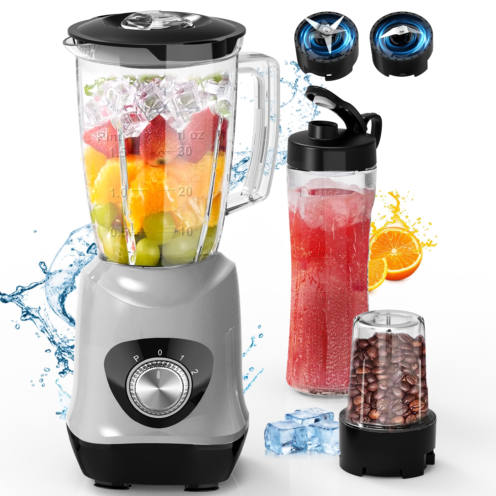Blender for Smoothies, Personal Blender and Grinder Combo with No-BPA 34oz Blender Cup, 20oz To-Go Cup & Spout Lids, 5oz Grin