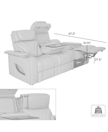 Armen Living Octavia Modern Zero Gravity Power Reclining Heated Massage Sofa, 86" Wide, Silver and Gray Top Grain Leather