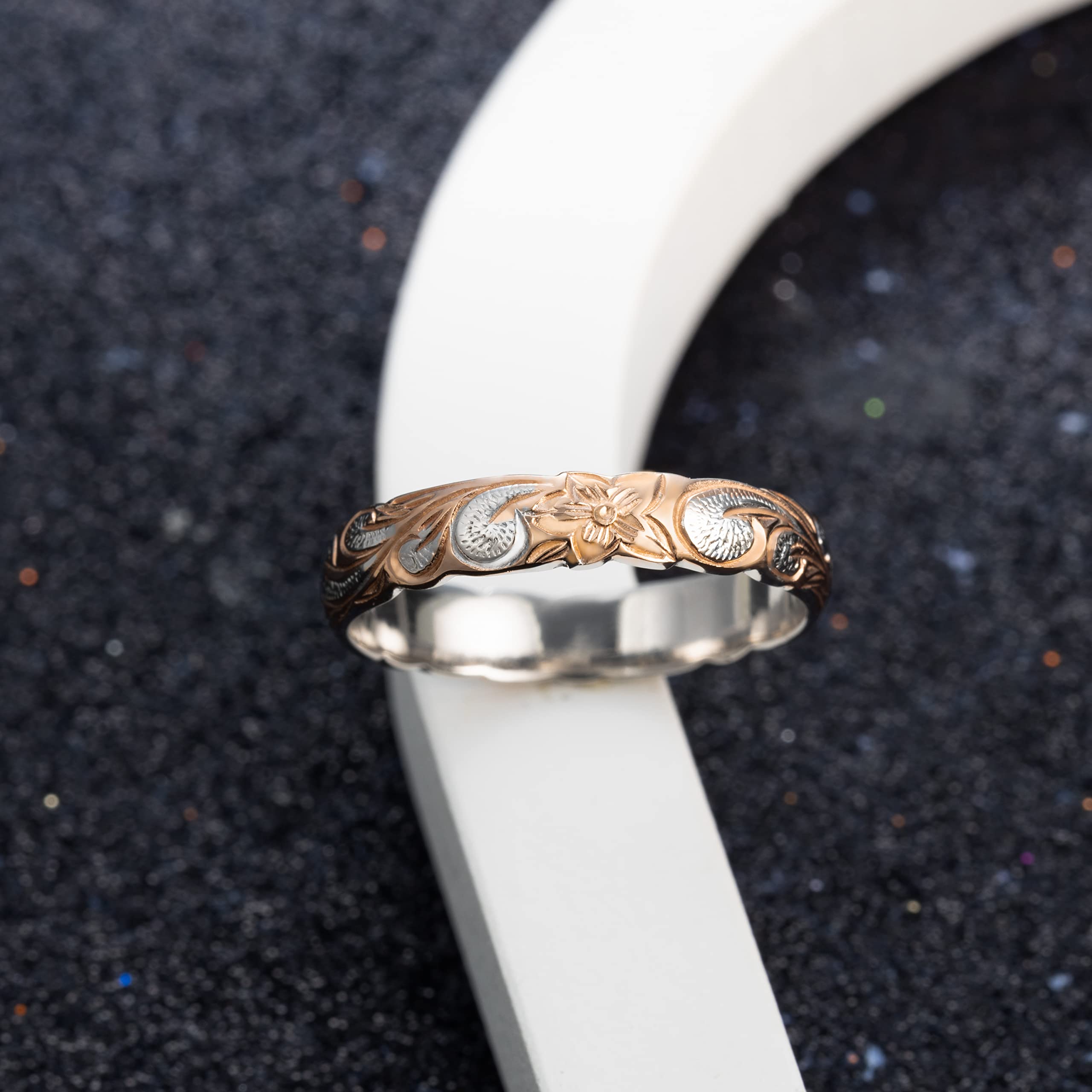 Aloha Jewelry Company Sterling Silver 4mm Hawaiian Princess Plumeria Flower Scroll Ring Stackable Wedding Band (Rose-Gold, 3)
