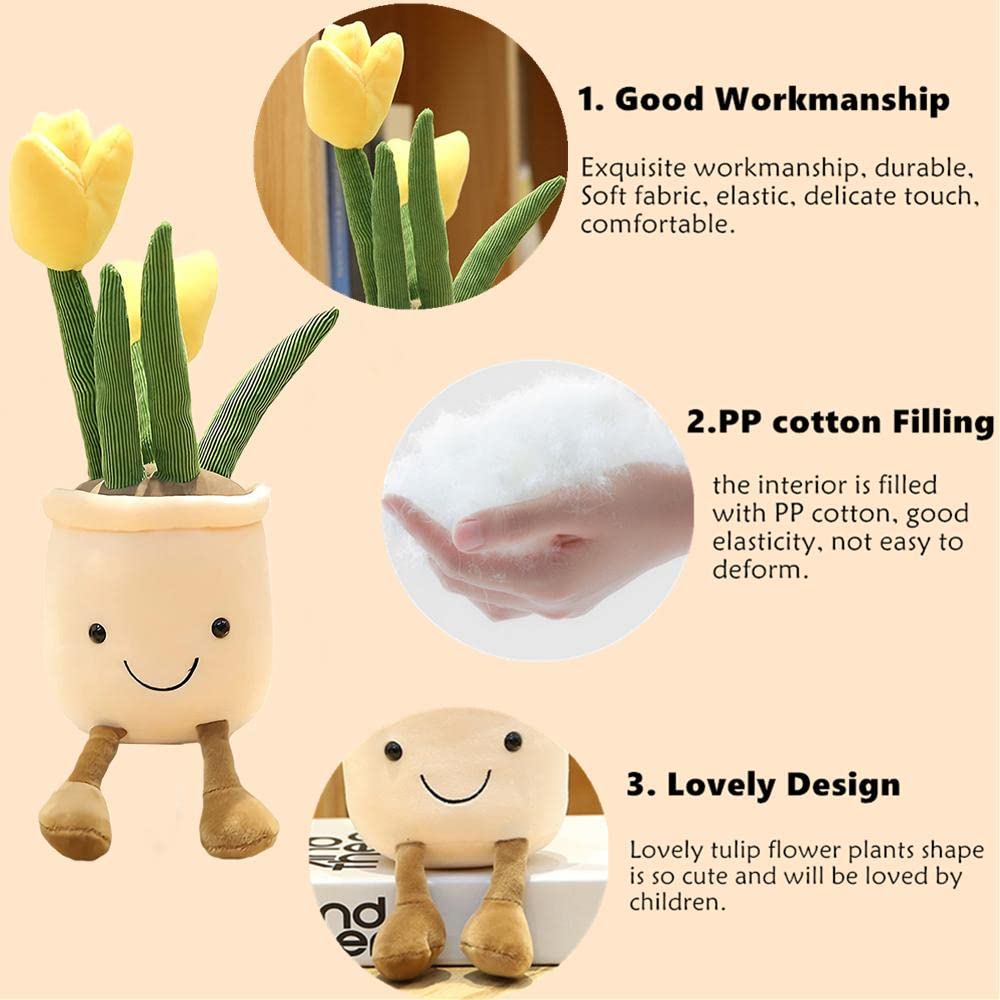 AUCOOMA Stuffed Tulip Plush Toy, Soft Flower Pot Stuffed Plants Decoration Yellow, 13.8"