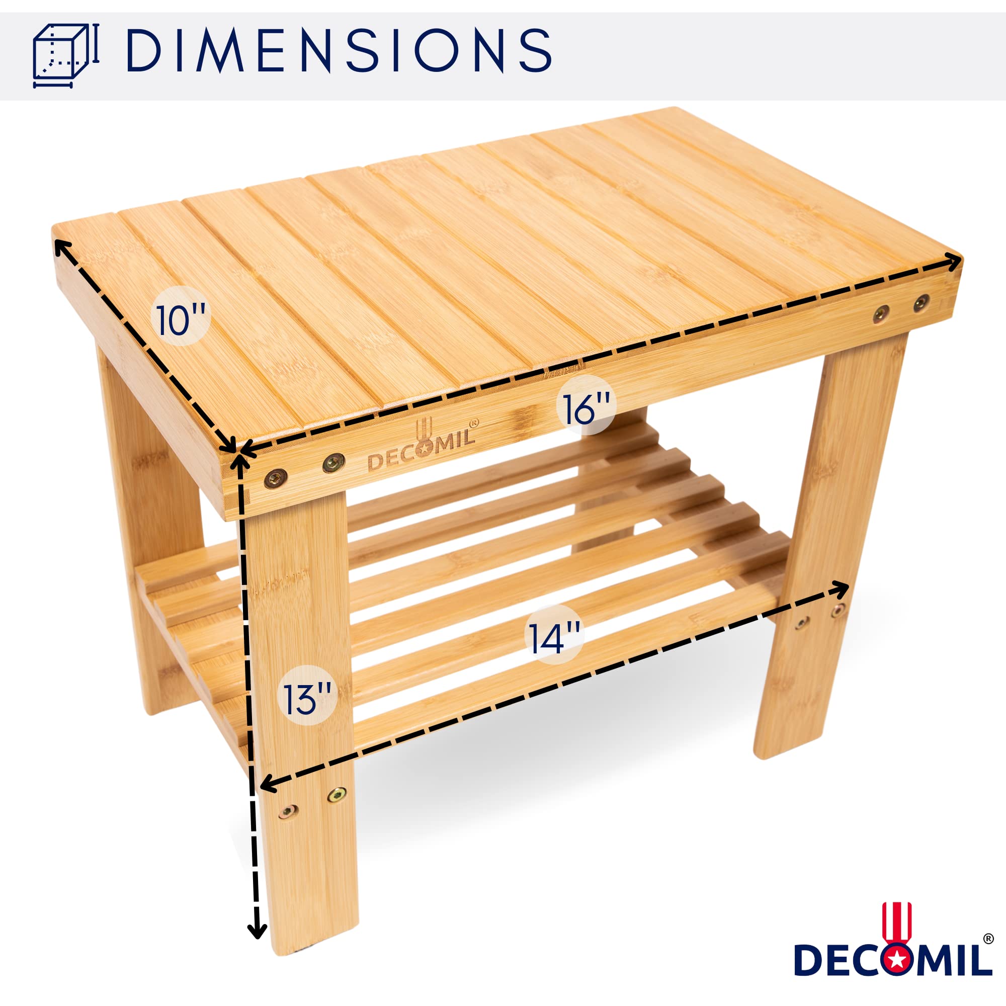 DECOMIL - Bamboo Shower Bench 16”, Foot Rest Shaving Stool with Storage Shelf | Nonslip Feet & Waterproof Bathing Bench | Perfect for Indoor and Outdoor Use