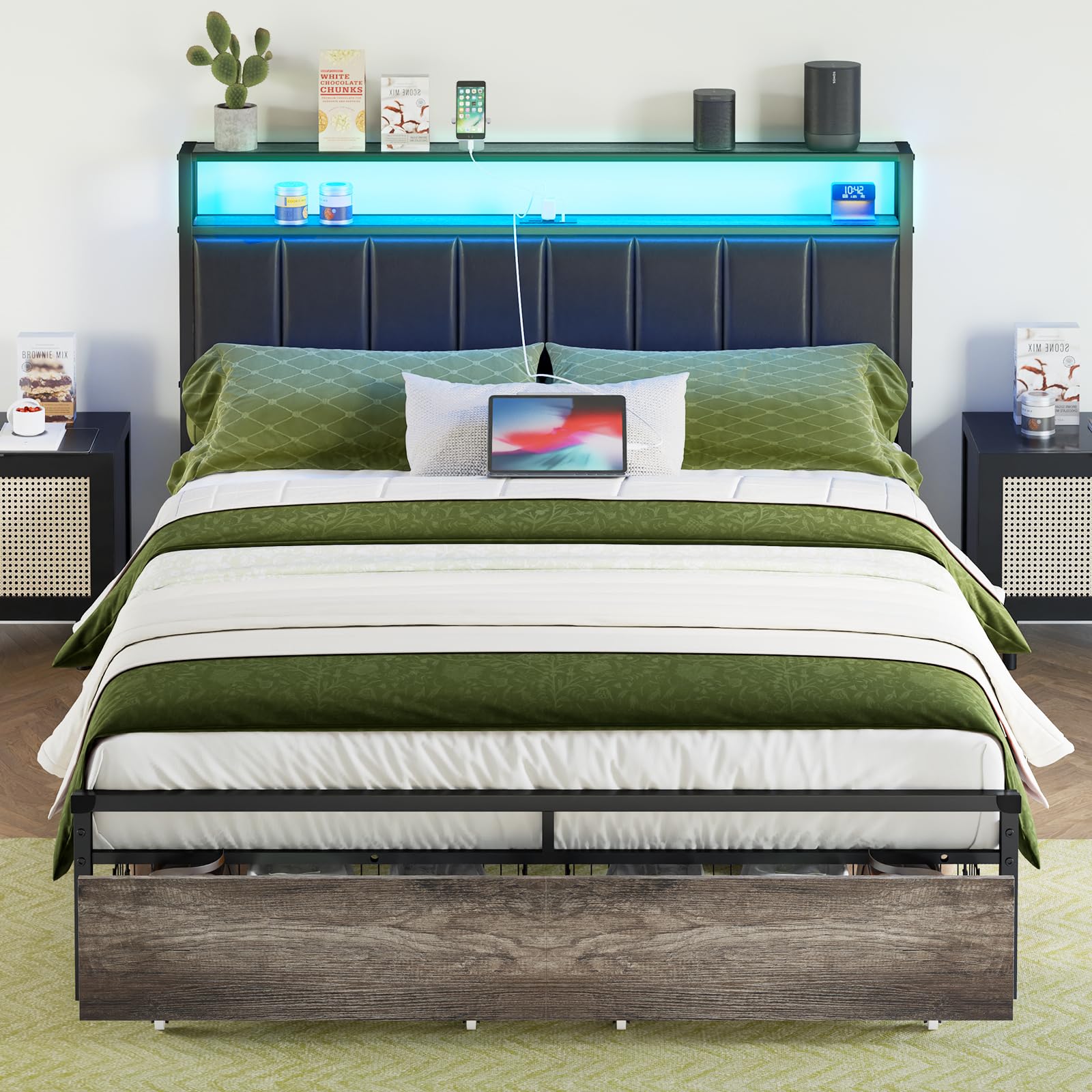 AMERLIFE LED Bed Frame with Drawers, Queen Platform Bed Frame with 2-Tier Storage & Leather Upholstered & Charging Station Headboard, Easy Assembly, No Box Spring Needed, Noise Free, Rustic Grey