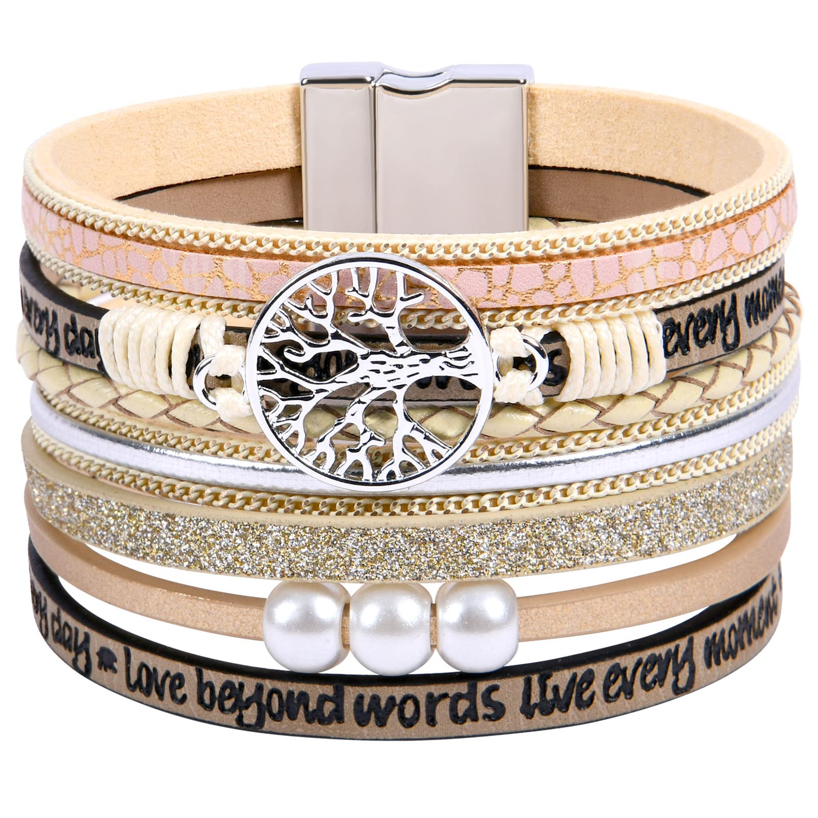 Aucuu Inspirational Tree of Life Leather Bracelets for Women, Leather Wrap Bracelets for Teen Girls, Valentine's Day Mother's Day Birthday Jewelry Gifts for Women (Light Brown)