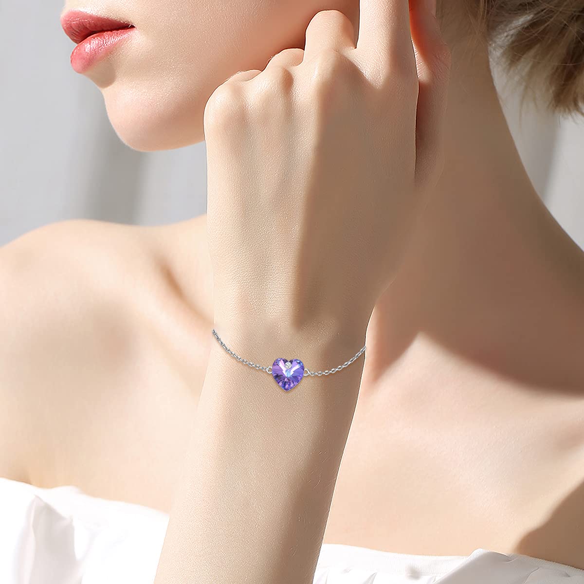 Amethyst Bracelet Sterling Silver Heart Purple Crystal Bracelet for Women,7+2 inch