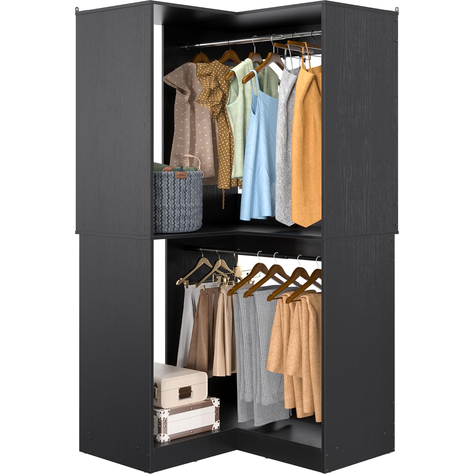 Armocity Corner Closet System, 32 Inches Wide Wood Corner Unit with 2 Hanging Rods and All Hardware Kits, 3-Tier 80'' Height Corner Wood Closet Tower, White