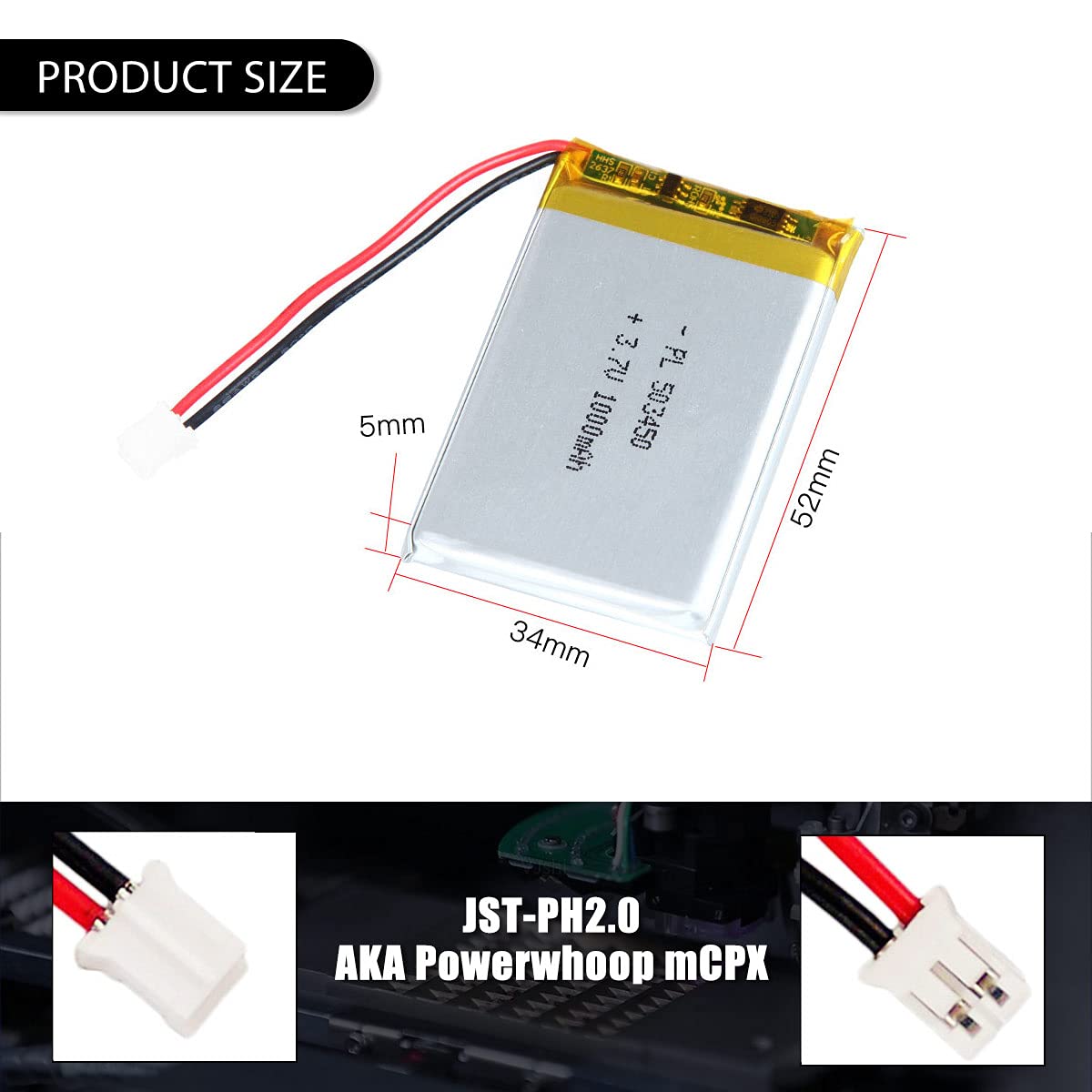 YDL 3.7V 1000mAh 503450 Lipo Battery Rechargeable Lithium Polymer ion Battery Pack with PH2.0mm JST Connector