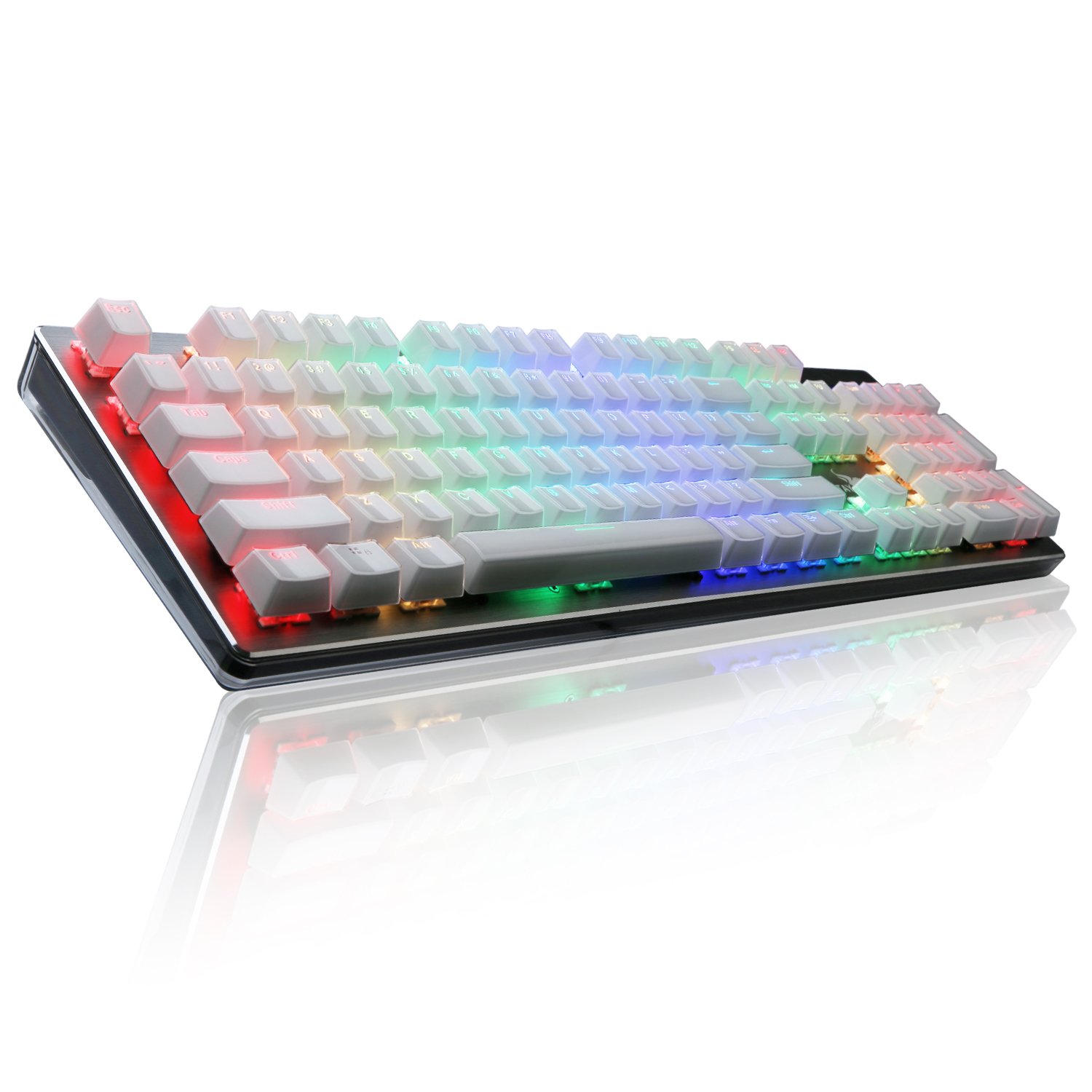 Rottay Rainbow Backlit Mechanical Keyboard, White Gaming Keyboard, Wired Computer Keyboard with Brown Switch and Aluminum Panel