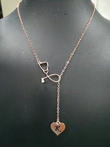 MANZHEN Rose Gold Plated Medicine Stethoscope Heart Initial Alphabet Letter Necklace for Doctor Nurse (B)