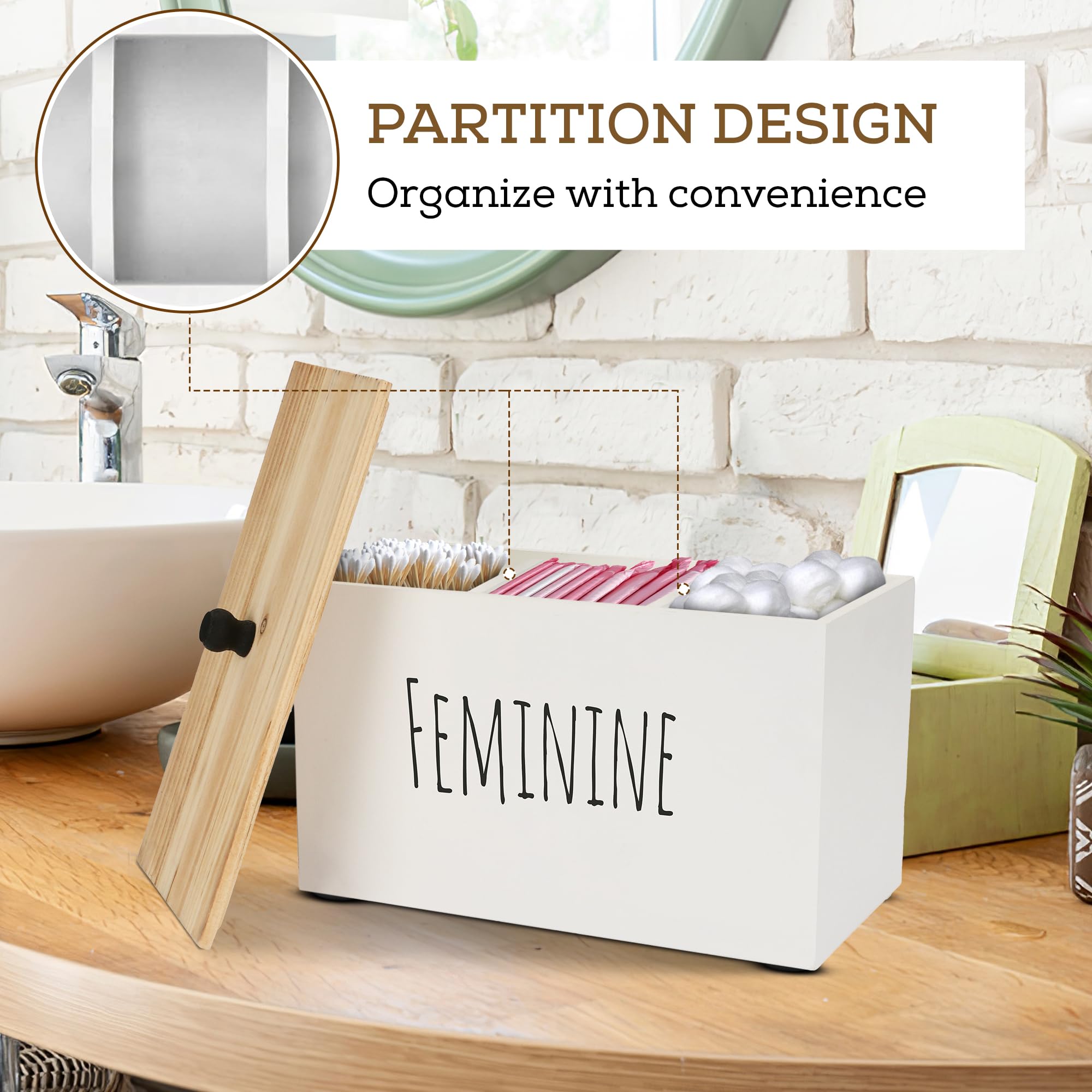 Bliss by Home Tampon Holder Storage for bathroom, Feminine Wood Container Box, Women Product Organizer, Farmhouse Décor, Pad Storage Container Box, Rustic Accessories (white)
