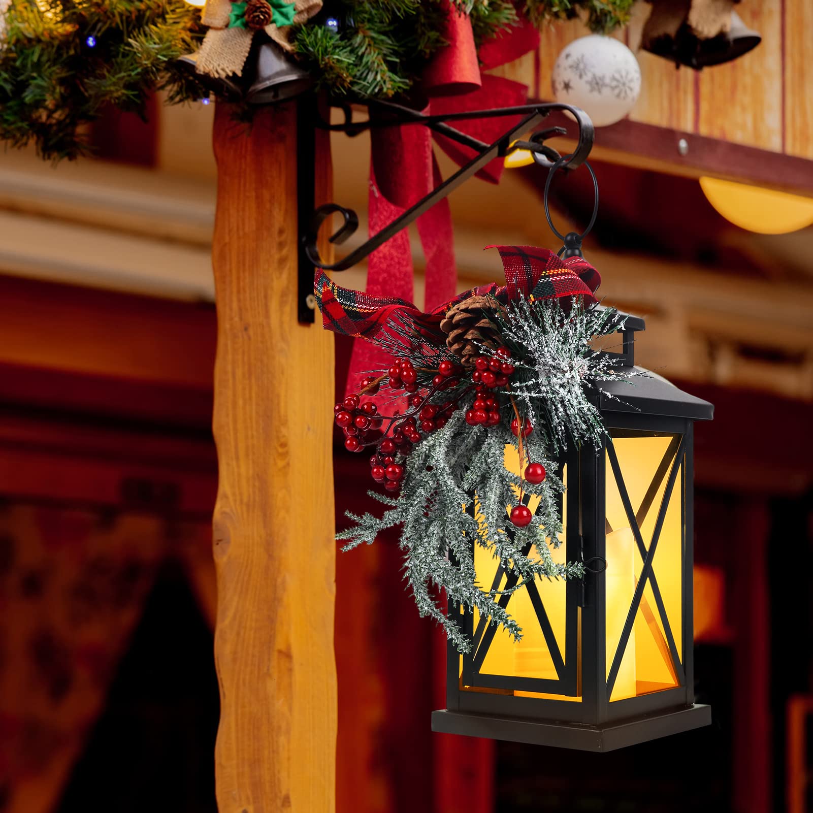 Christmas Candle Lantern 14Inch, Christmas Lanterns Garden Flashing Candle Light, Decorative Hanging Lantern for Indoor Home Tables and Fireplaces Outdoor Patios