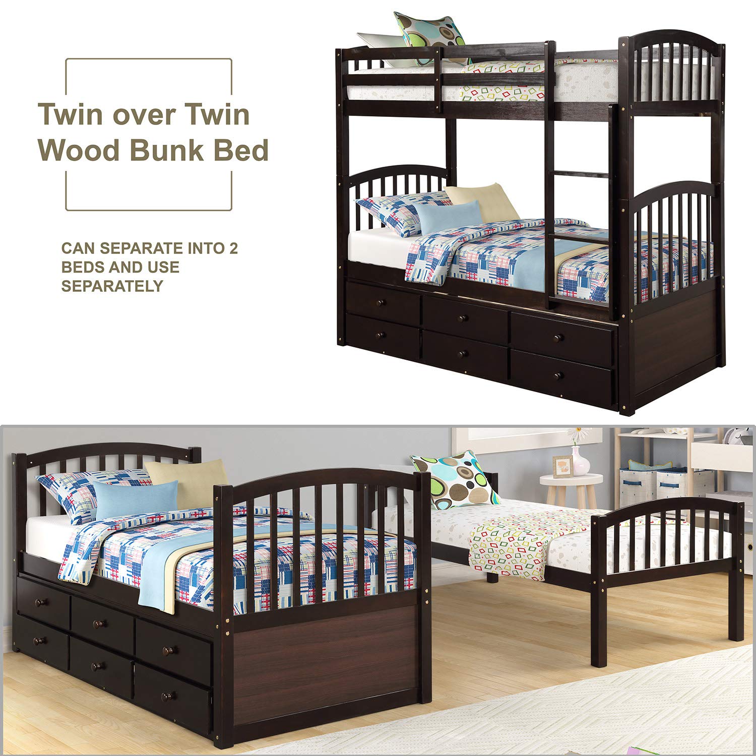 P PURLOVE Twin Over Twin Bunk Bed with Ladder, Wood Bunk Bed Frame with Wooden Slat Support, No Box Spring Needed (Espresso)