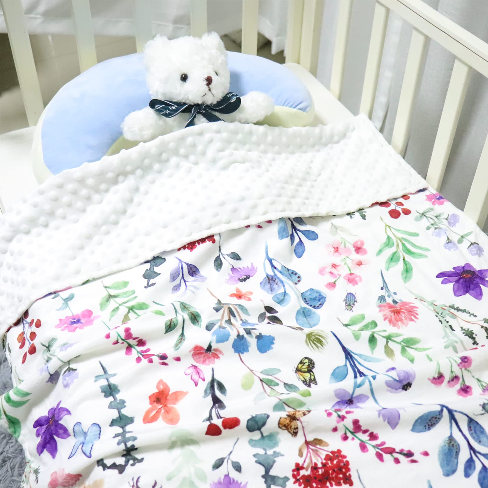 Baby Soft Crib Sheet and Baby Minky Blankets with White Watercolor Floral