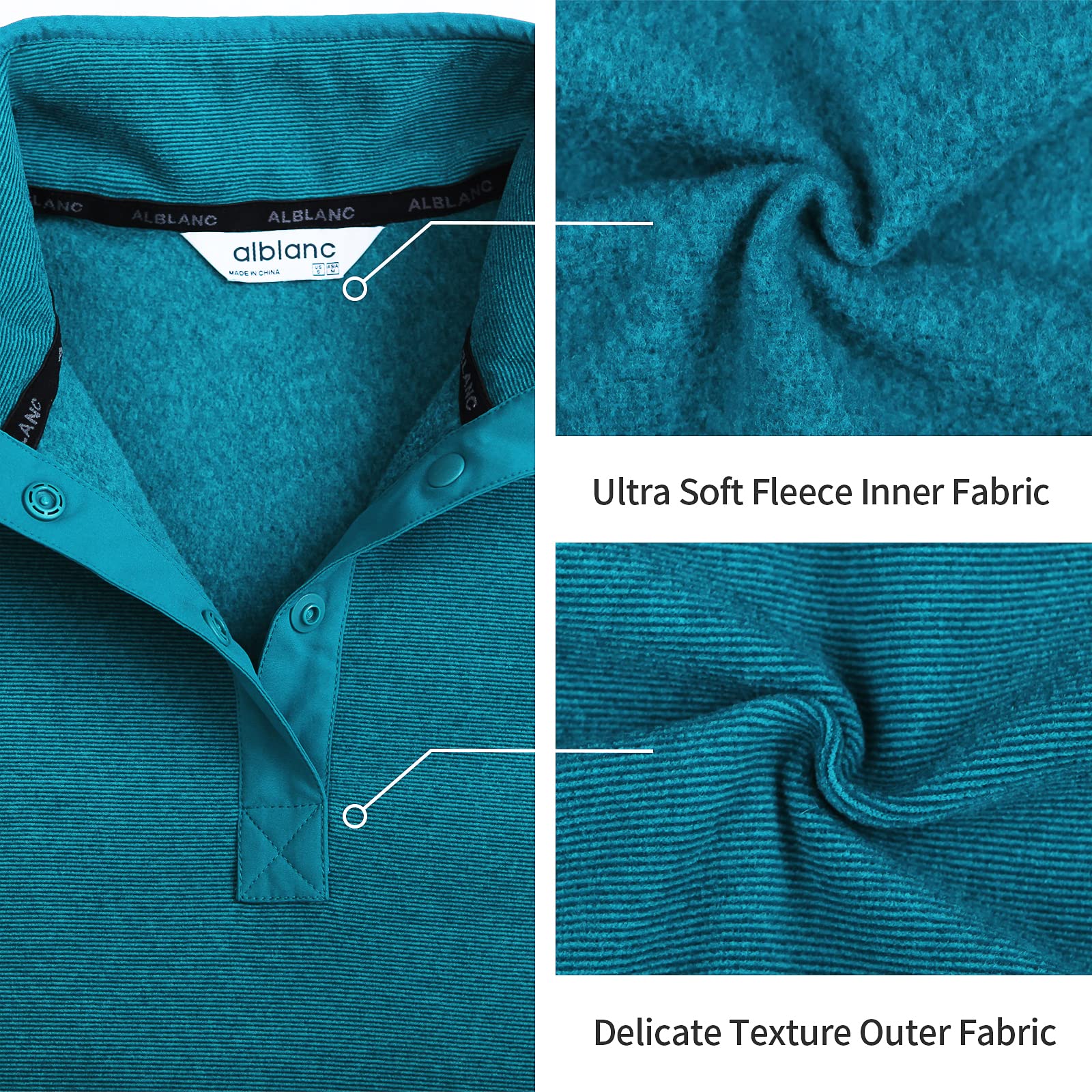 alblanc Fleece Pullover Women,Lightweight Soft Long Sleeve Womens Fall Tops with Thumb Hole,Snap Neck Pullover,Dark cyan L