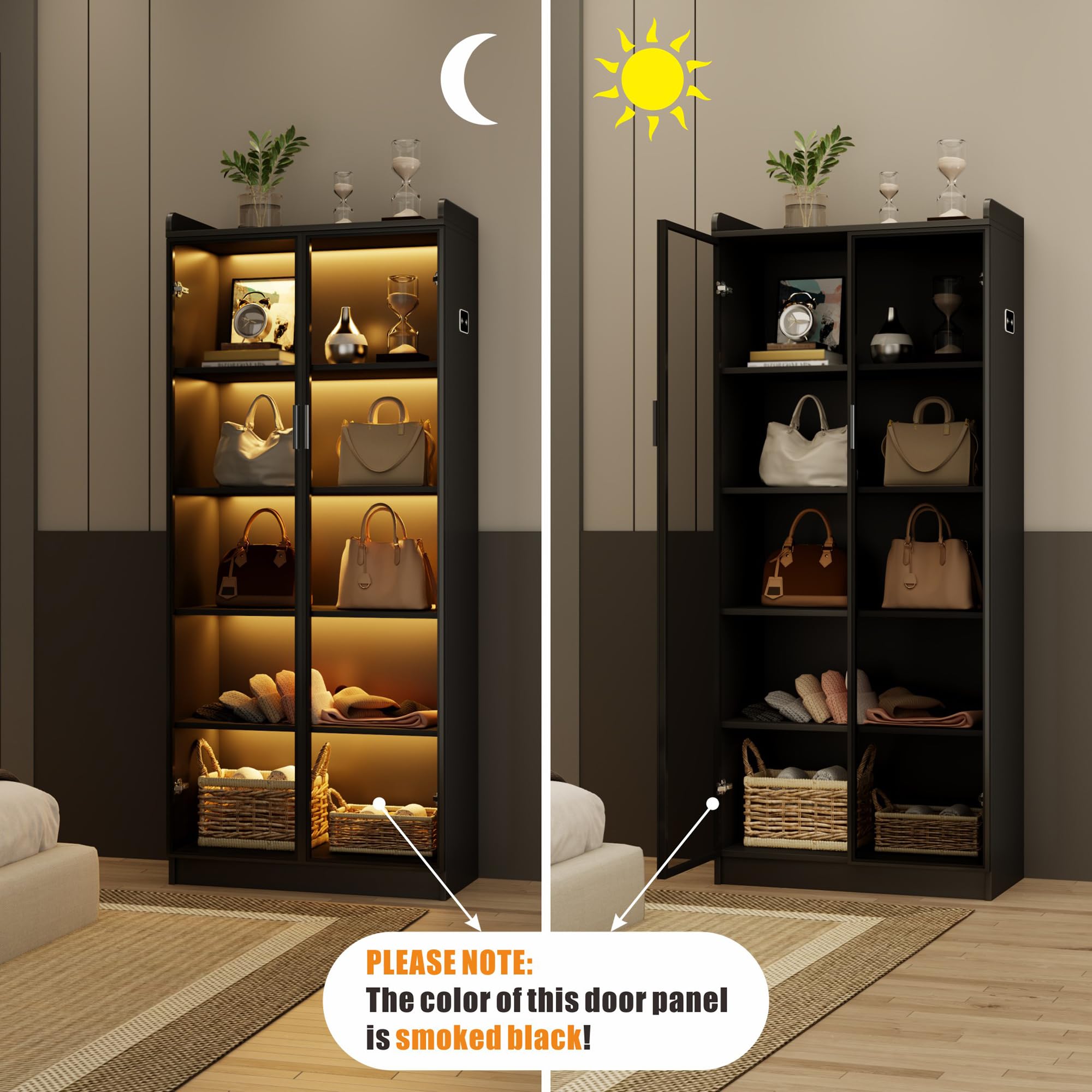 Display Cabinet with Doors and Adjustable Shelves, 65" Tall Bookcase with LED Lights/Human Sensor, 5 Tier Display Case for Collectibles Bedroom Living Room Office, Black - Smoked Black Door