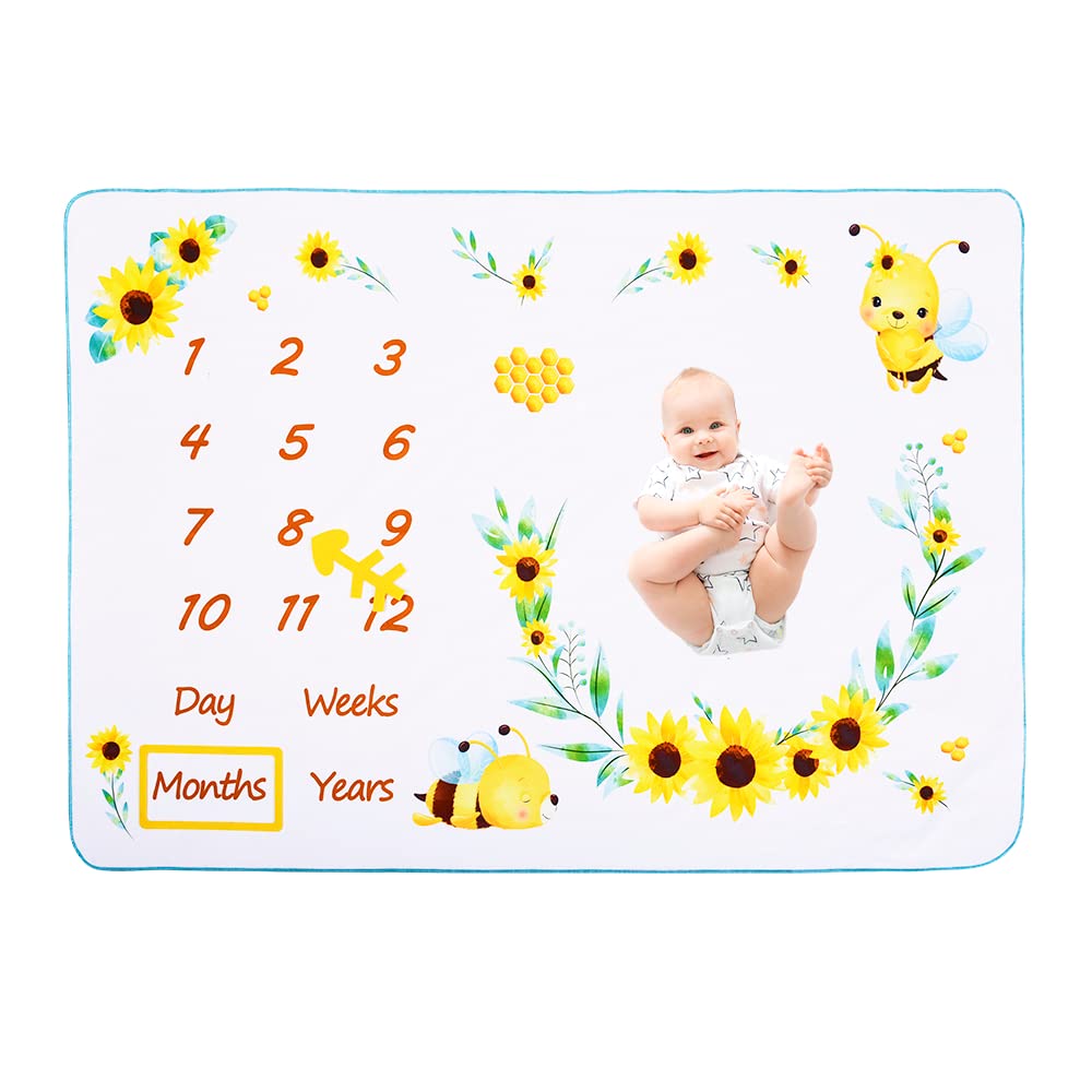 CHILDREN'S GANG Baby Boy Monthly Milestone Blanket, 60"x40" Baby Girl Month Blanket, Newborn Baby Shower Photography Backdrop Blanket with Floral Wreath + Frames (Bee)