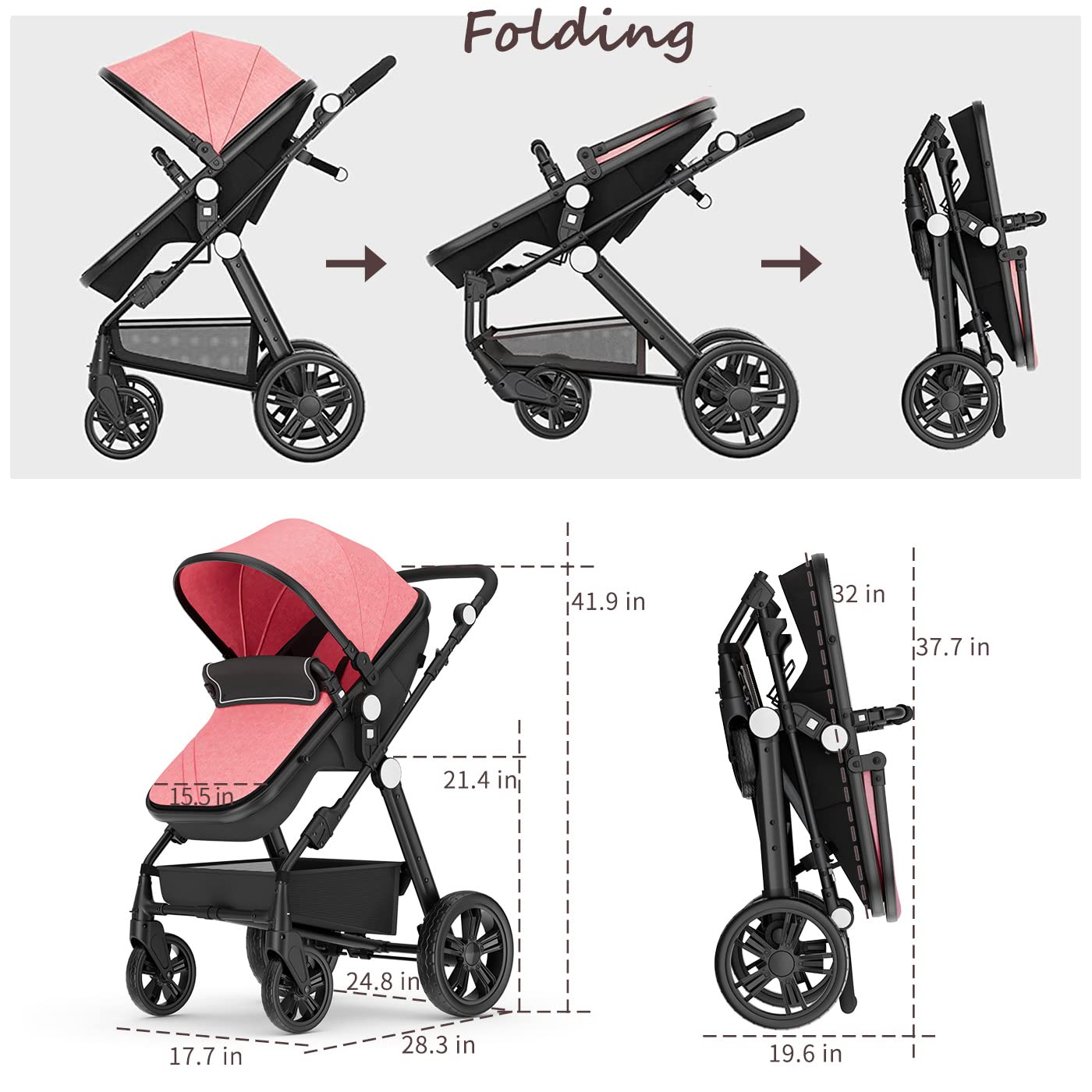 Baby Stroller Infant Bassinet Stroller Toddler Reversible Seat Pram Foldable Pushchair with Adjustable Canopy Backrest and Pusher, Suspension Wheels Fit All Terrains, Cup Holder (PINK)