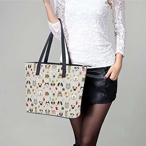 Christmas Dogs Doodle Women's Tote Bag PU Leather Shoulder Bag Handbags Purse For Work Shopping Travel