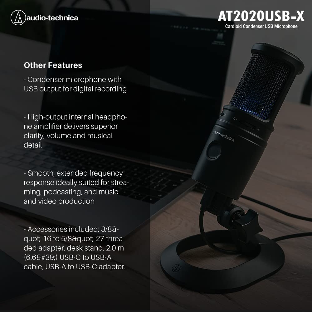 Audio-Technica Cardioid Condenser USB Microphone (AT2020USB-X) w/Built-in Headphone Jack, 24-bit/96 kHz Sample Rate Plus Xpix Bundle w/Pro DJ Headphones + Headphone Holder + Mic Pop Filter and More