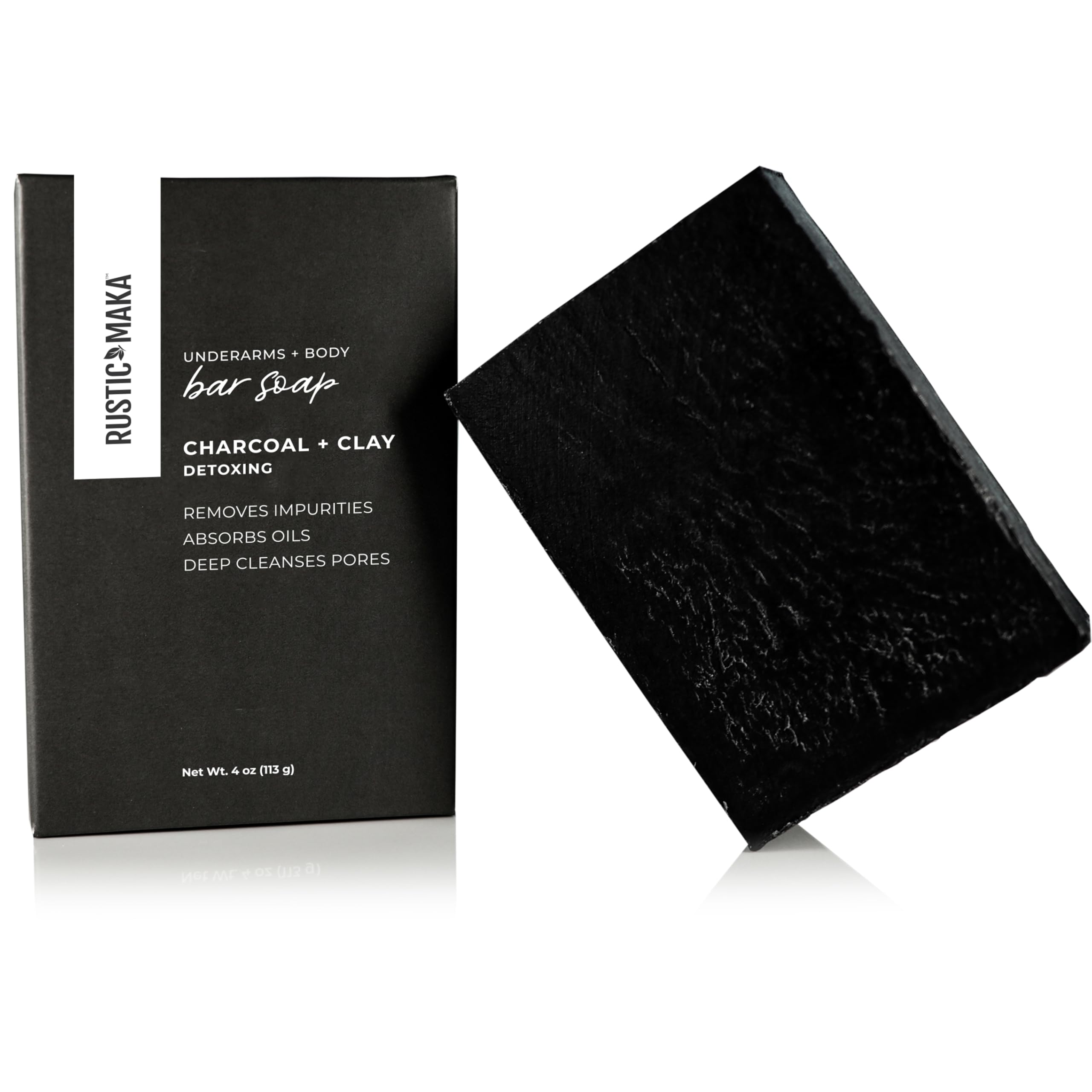 Rustic Maka Activated Charcoal + Clay Natural Soap Bar, DETOX + CLEANSE, for Acne, Problem Skin, Excess Oil Control, Face, Body and Underarm Detox, Oily to Normal Skin